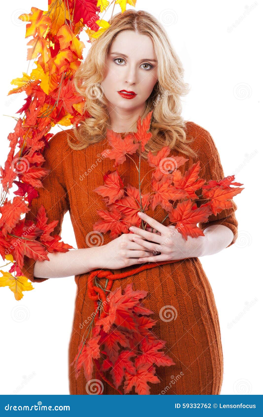 Woman with autumn leaves stock photo. Image of oranges - 59332762