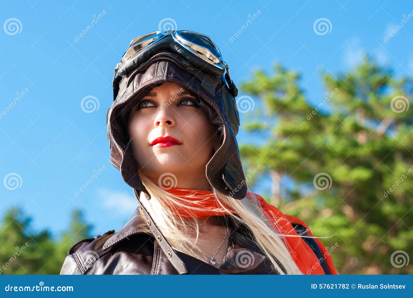 Woman in Aviator Helmet on the Sky Background Stock Photo - Image of ...