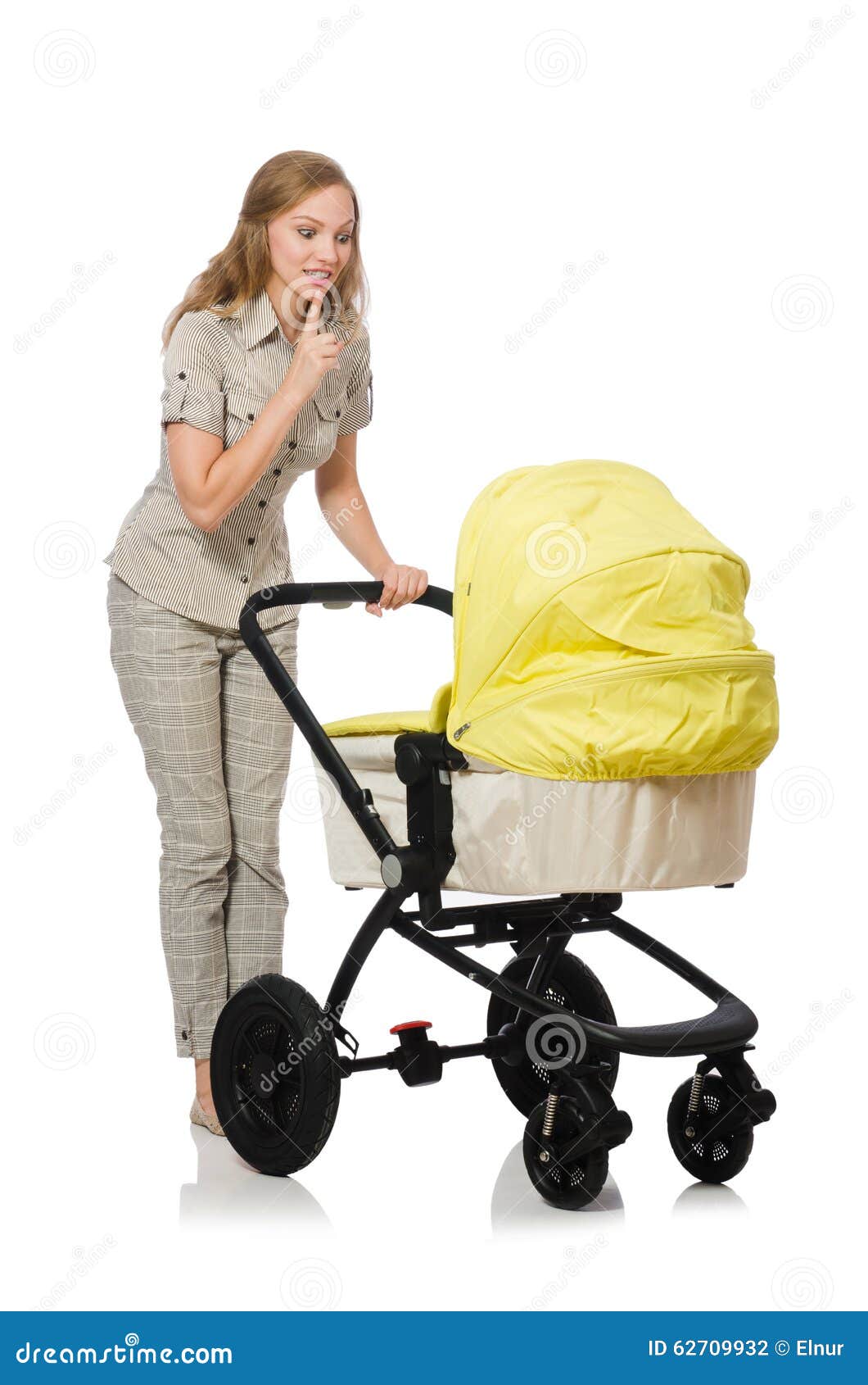Woman with Baby and Pram Isolated on White Stock Photo - Image of ...