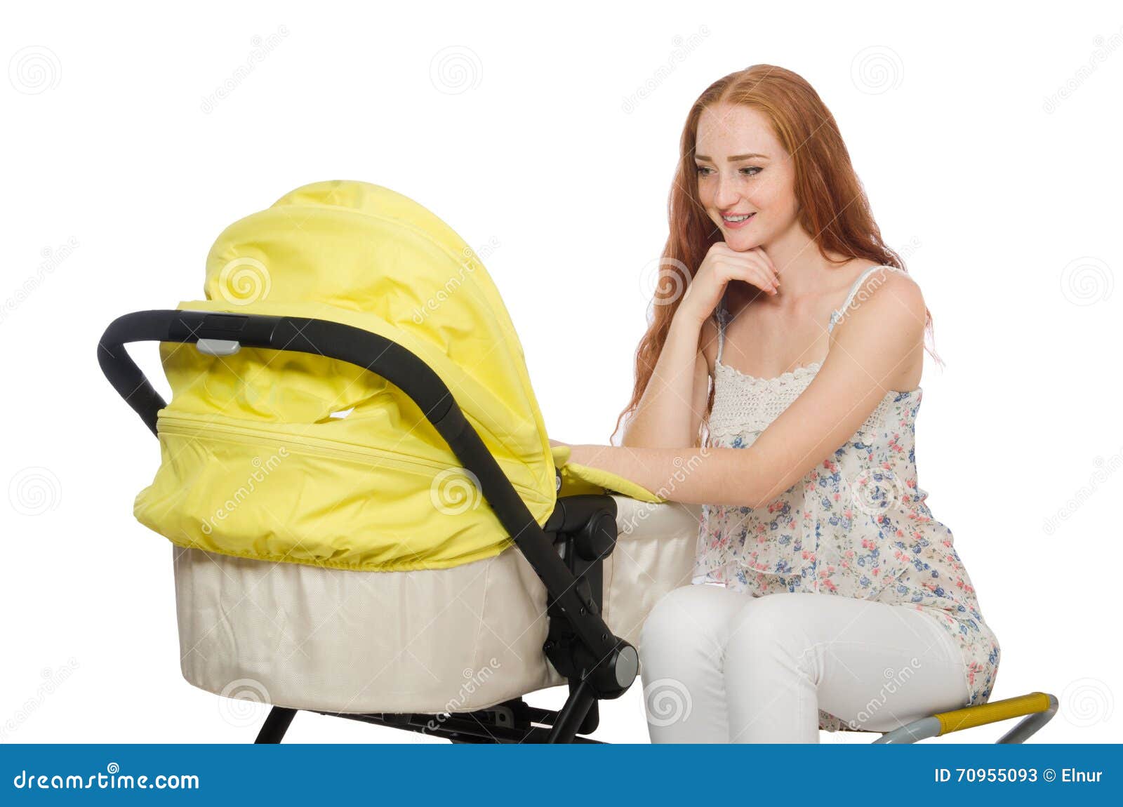 Woman with Baby and Pram Isolated on White Stock Image - Image of ...