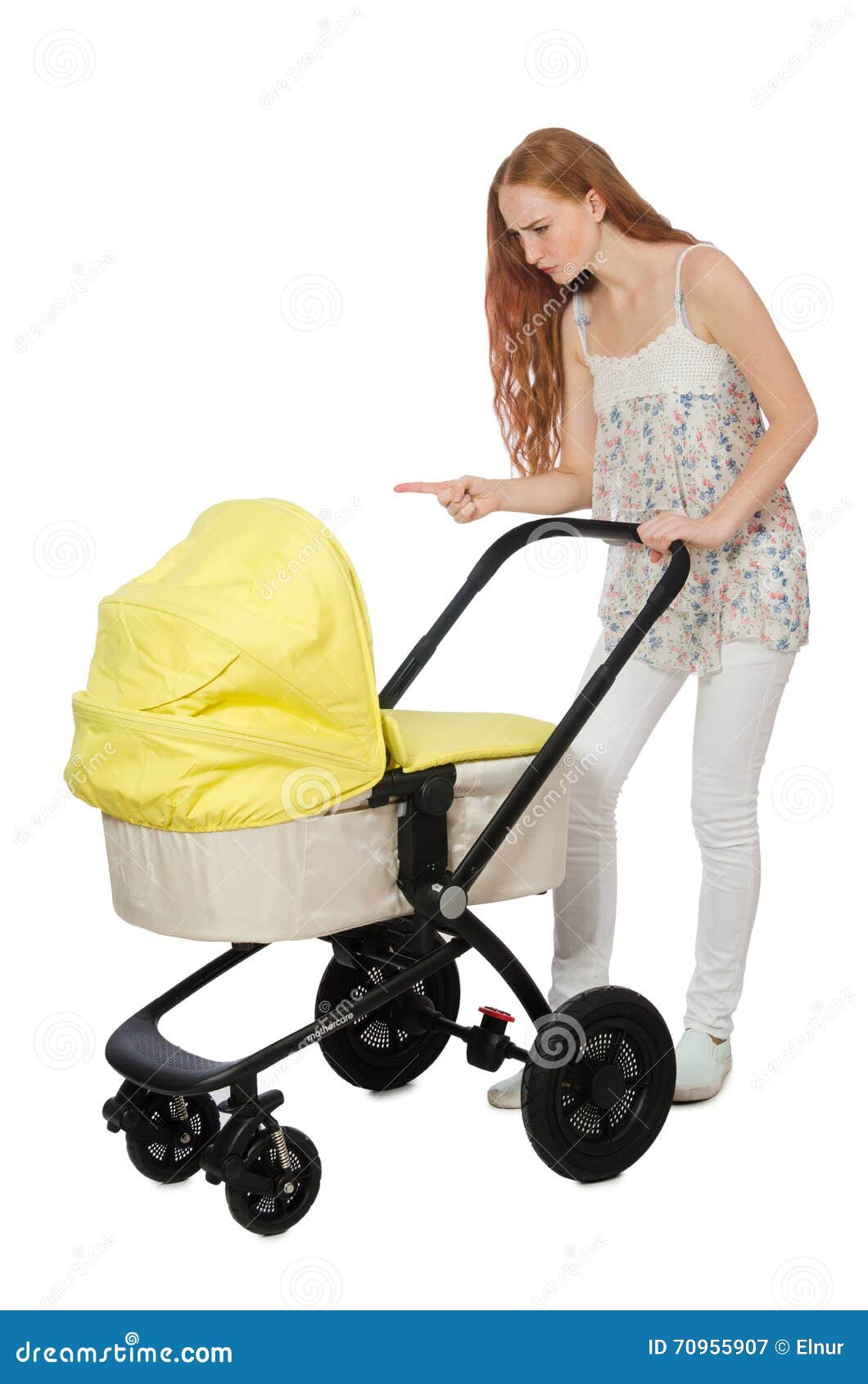 Woman with Baby and Pram Isolated on White Stock Image - Image of ...