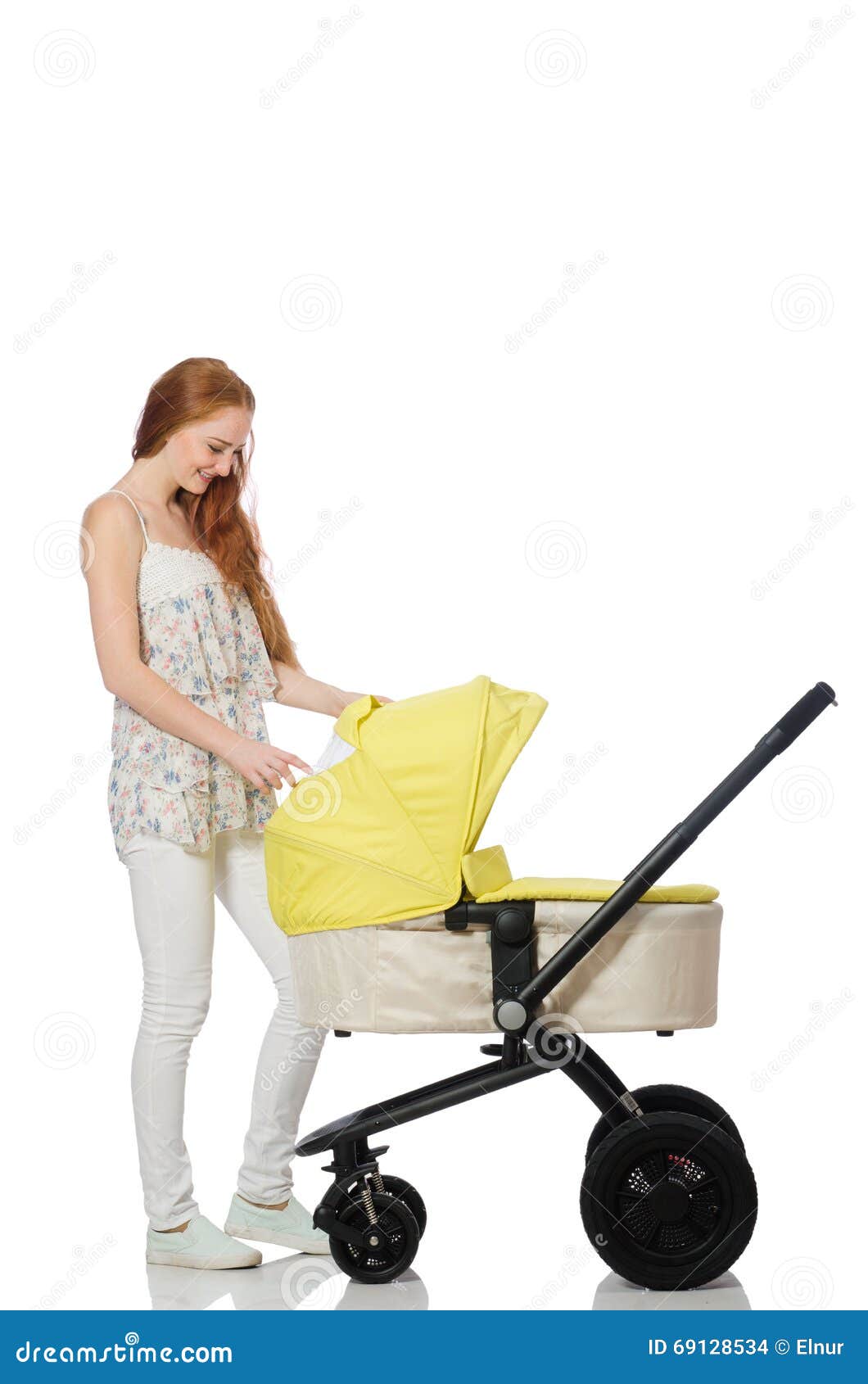 The Woman with Baby and Pram on White Stock Photo - Image of mother ...