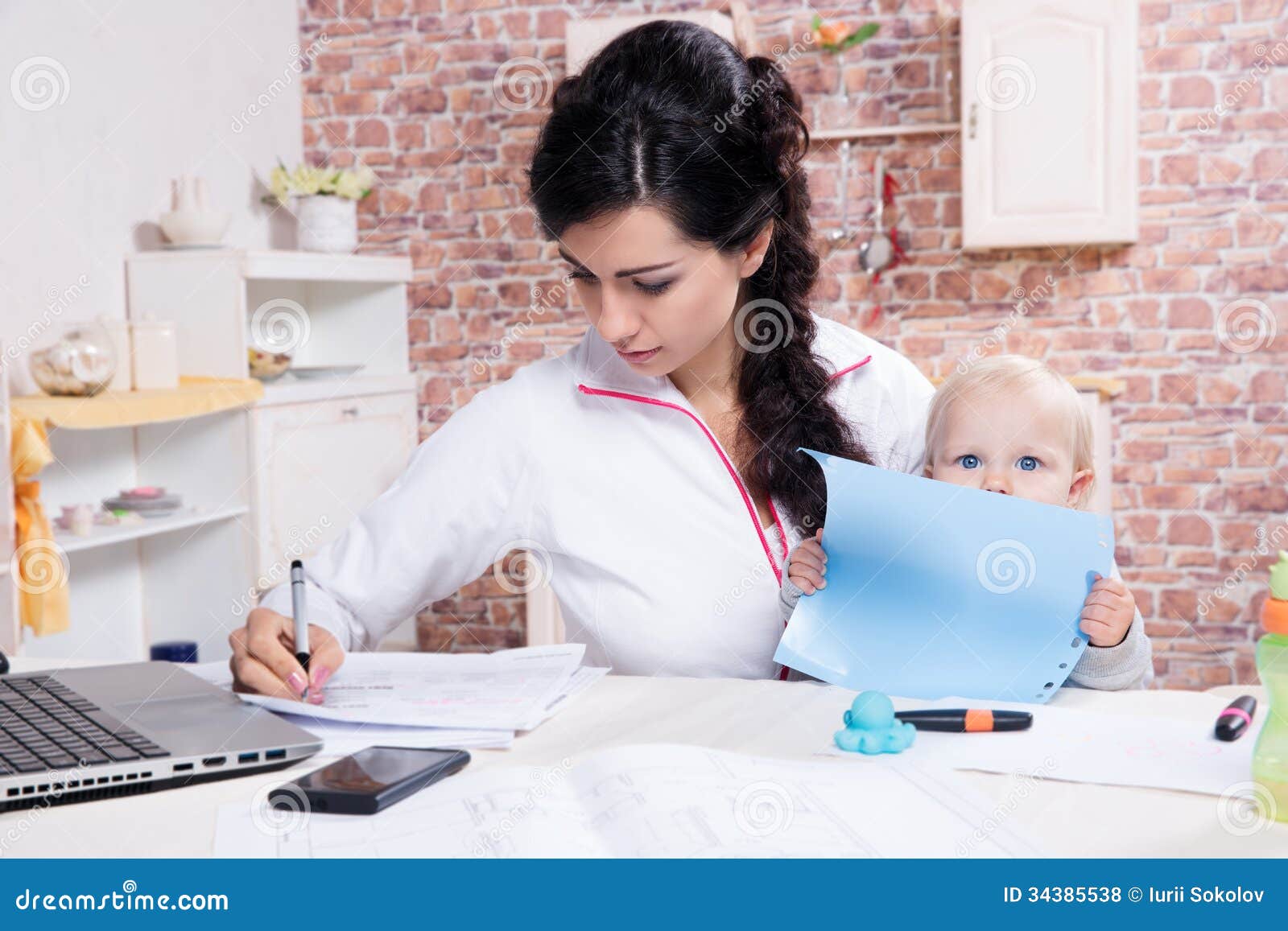 Woman with Baby Working from Home Stock Photo - Image of busy, family ...