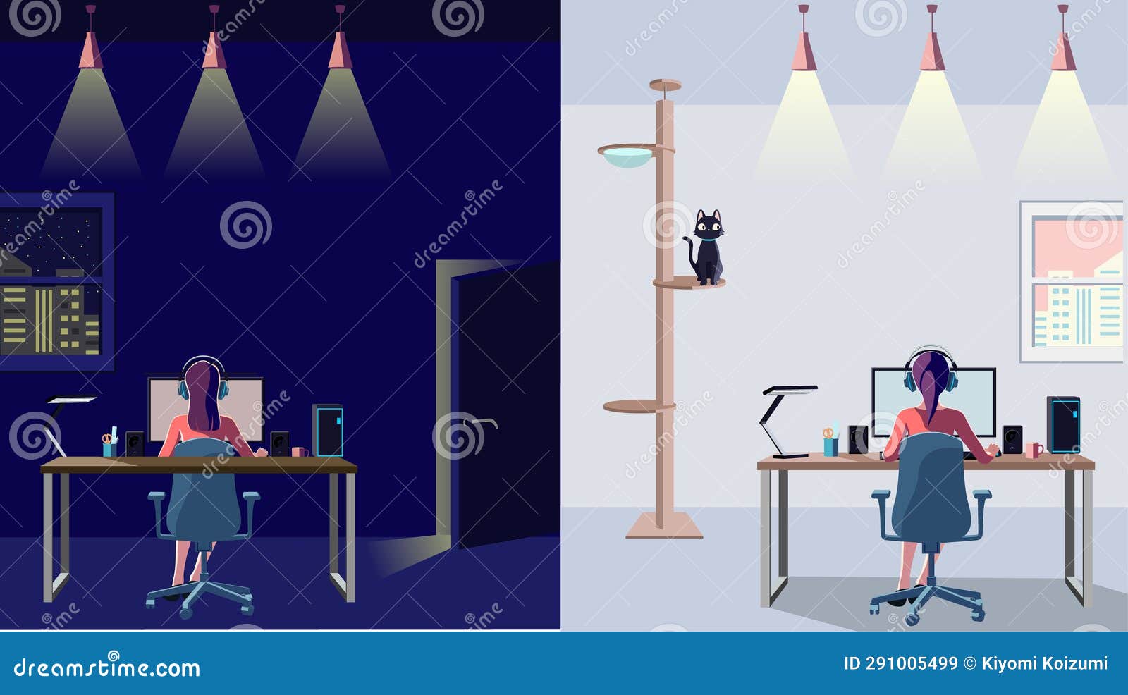 A Woman Back View Operating a Desktop Computer in a Bright Room. a ...