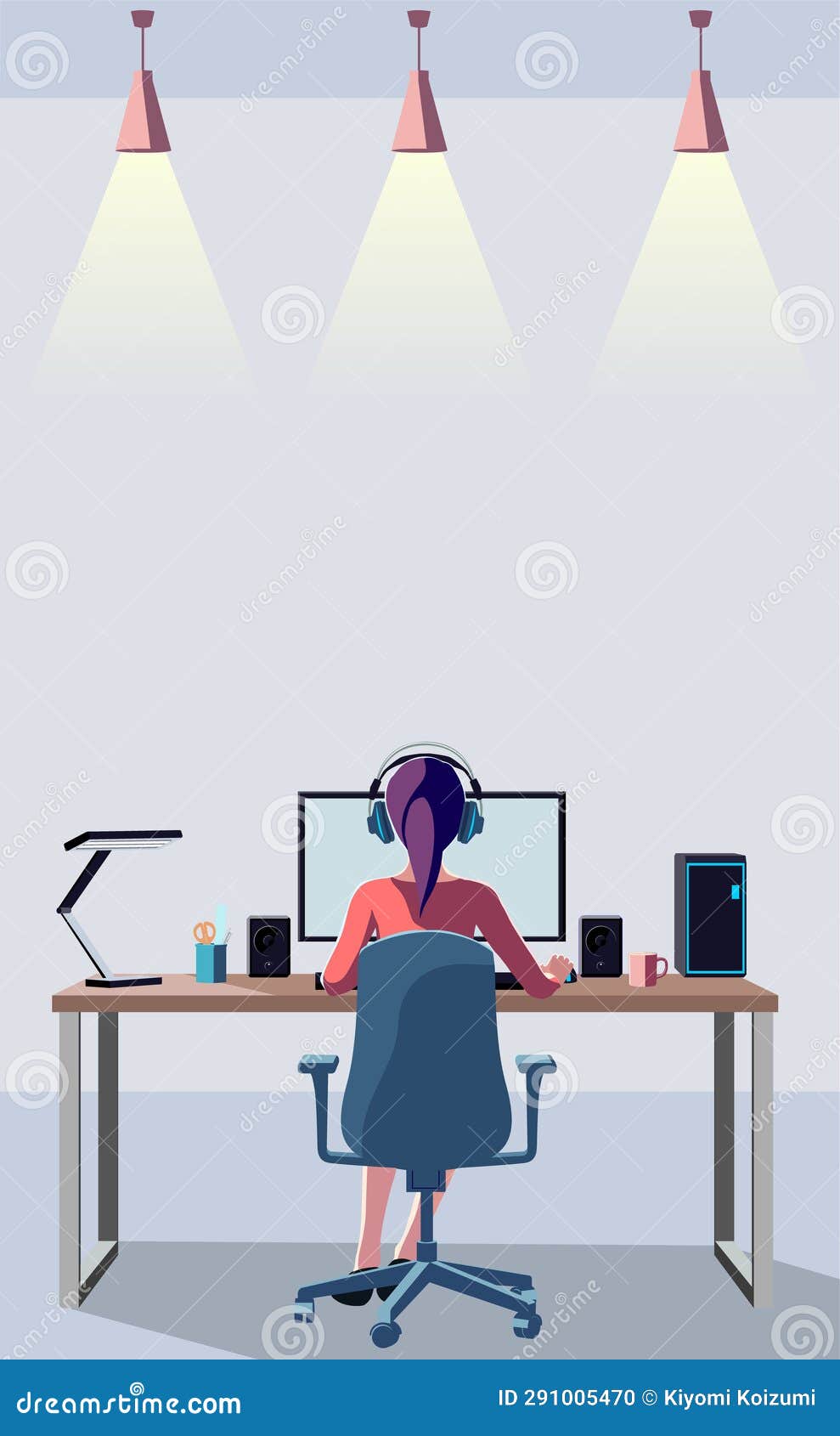 A Woman Back View Operating a Desktop Computer in a Bright Room. Remote ...