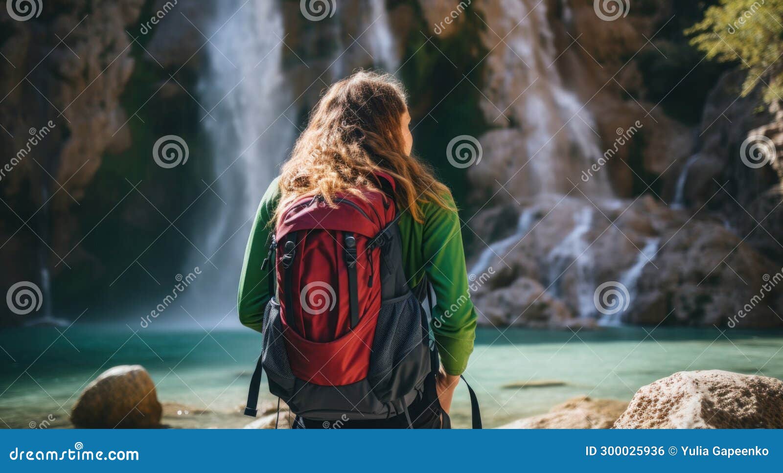A Woman with a Backpack in Front of a Waterfall. Stock Photo - Image of ...