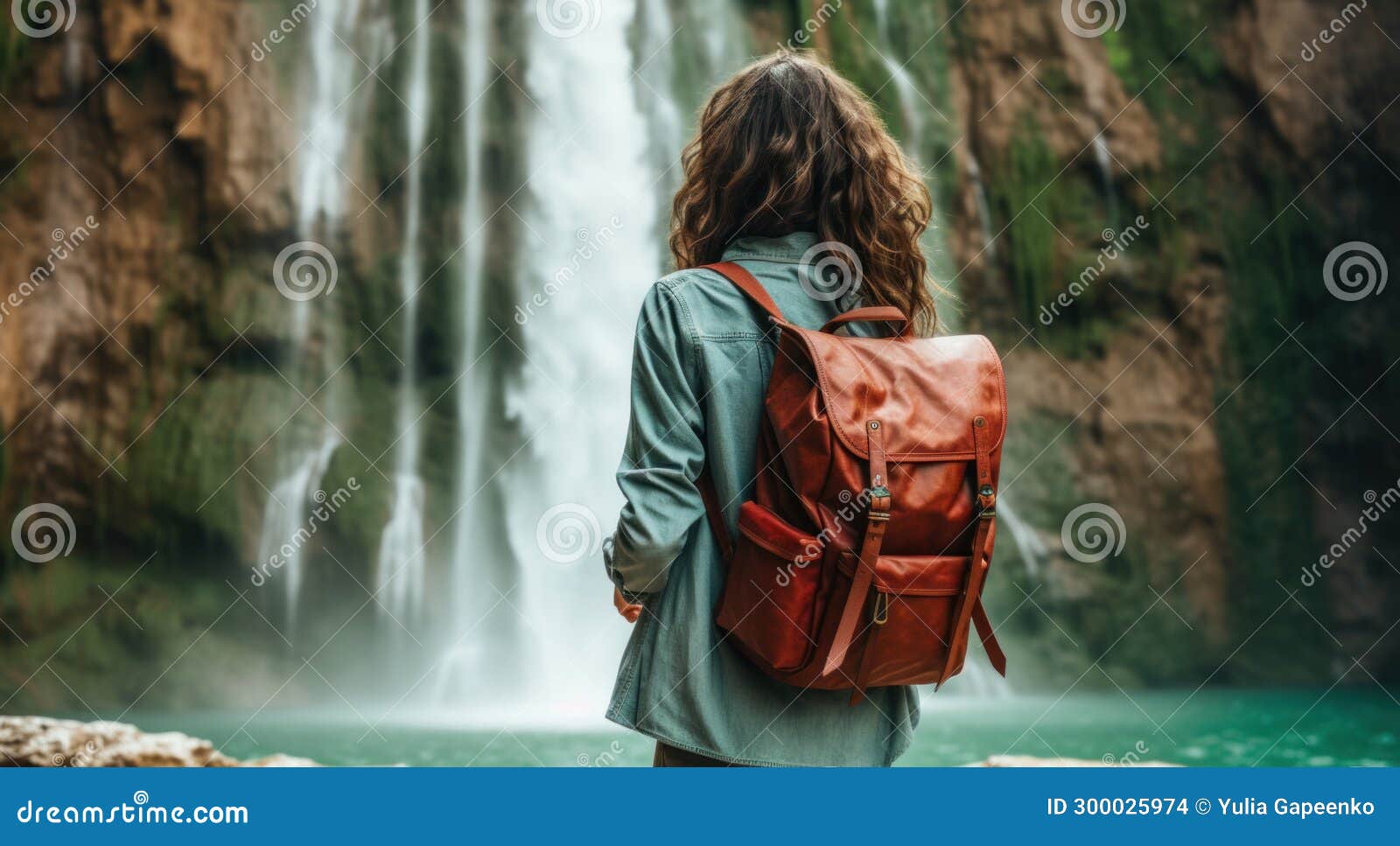 A Woman with a Backpack in Front of a Waterfall. Stock Photo - Image of ...