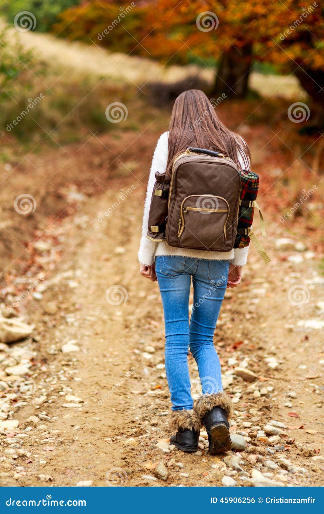 Woman with Backpack Hiking during Autumn Stock Photo - Image of ...
