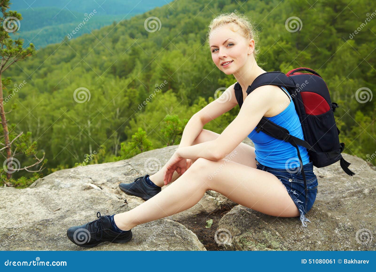 Woman with Backpack Hiking in the Mountains Stock Image - Image of ...