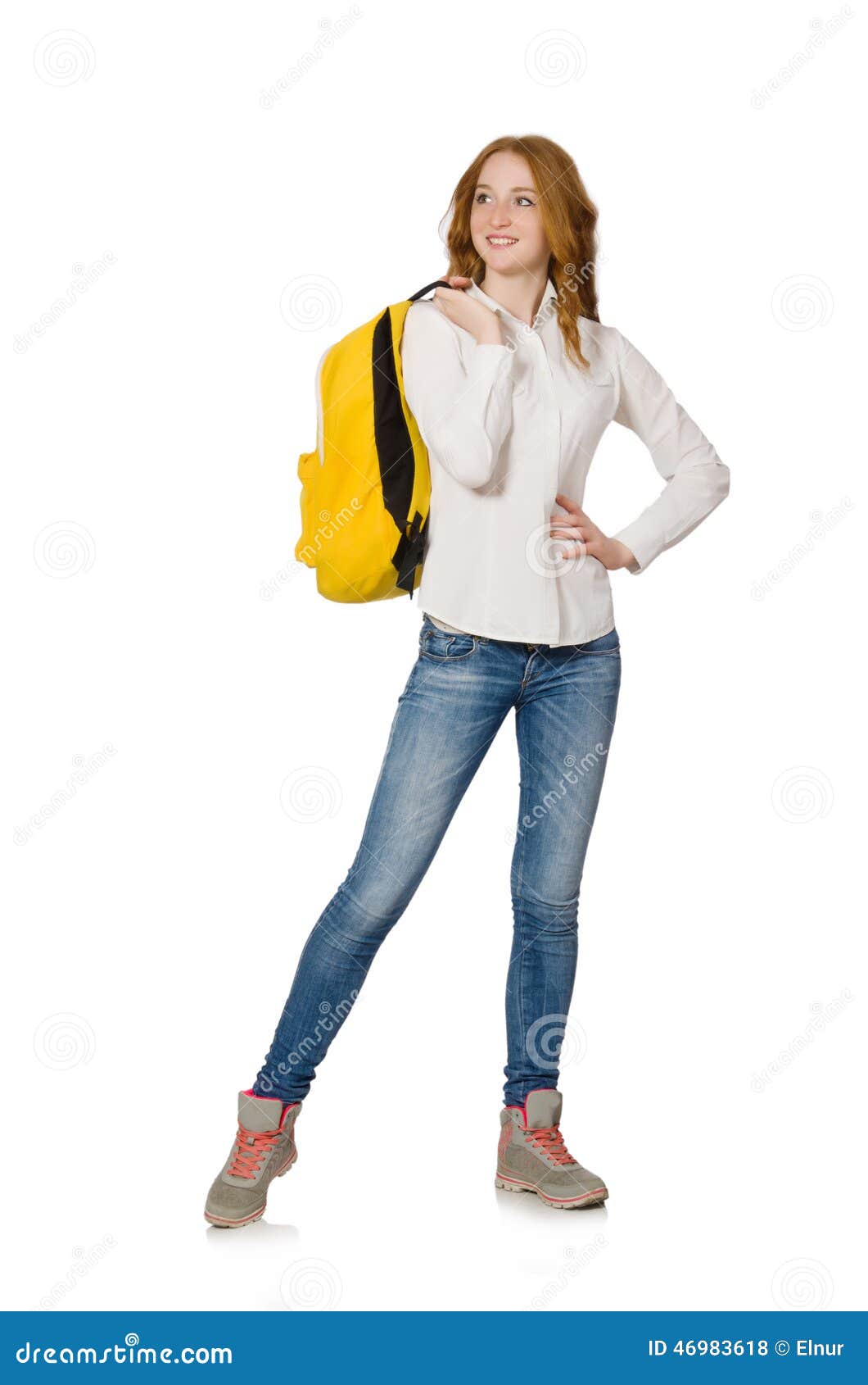 Woman with Backpack Isolated Stock Photo - Image of happy, baggage ...