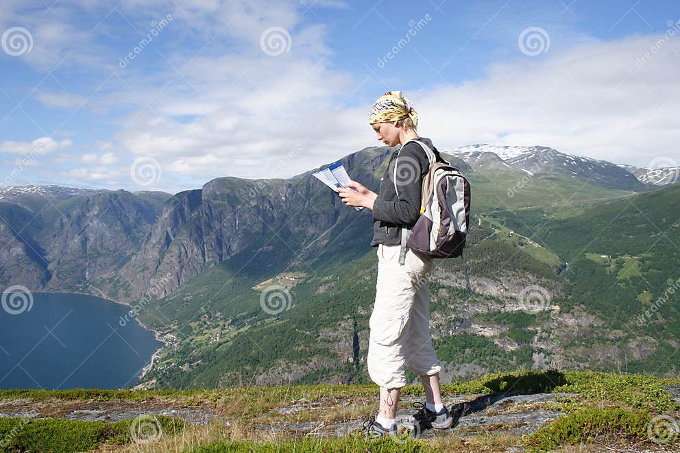 Woman with Backpack and Map in the Mountains Stock Image - Image of ...