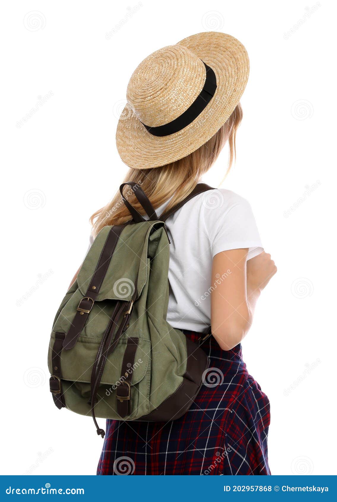Woman with Backpack and Straw Hat on White Background, Back View ...