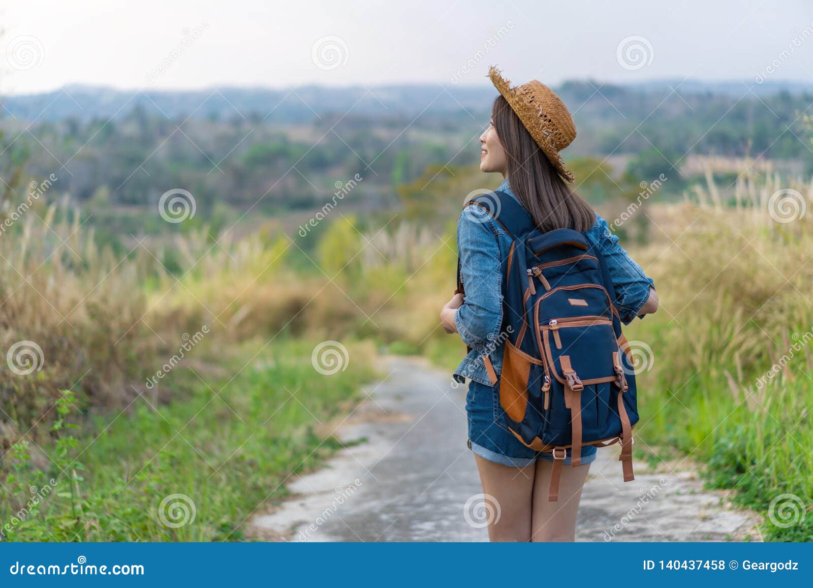 Woman with Backpack Walking on Footpath in Nature Stock Photo - Image ...
