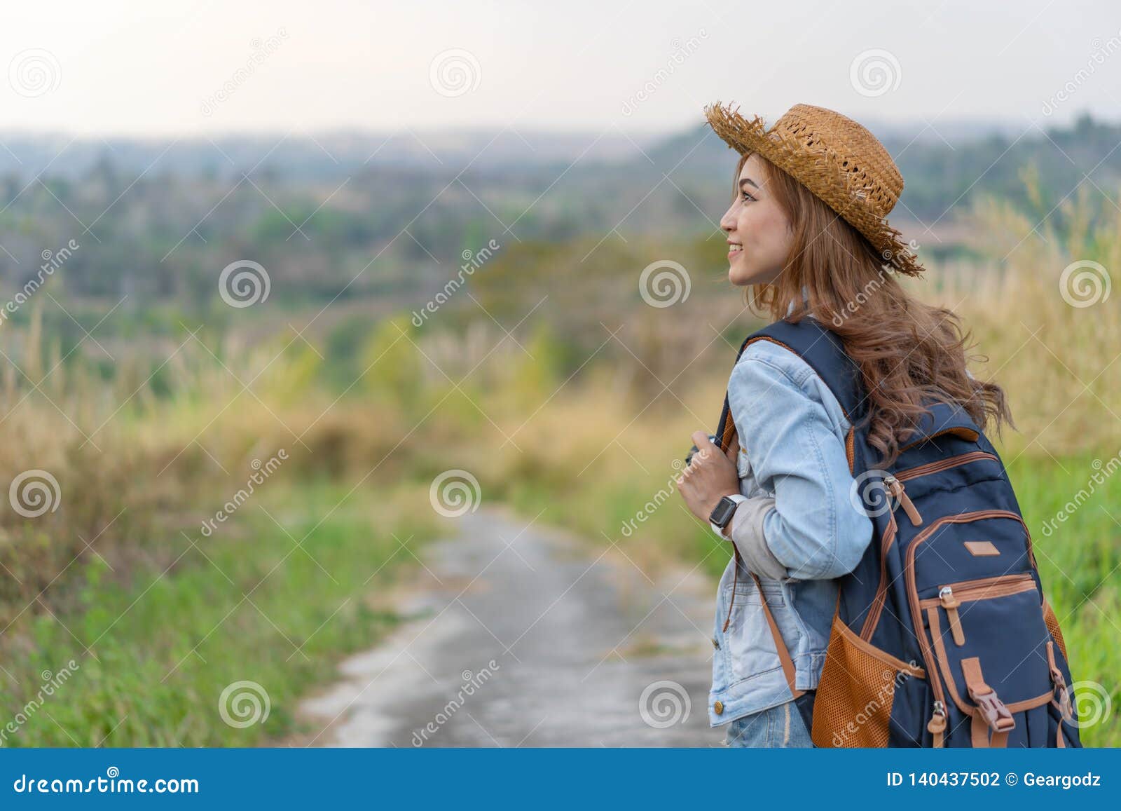 Woman with Backpack Walking on Footpath in Nature Stock Photo - Image ...