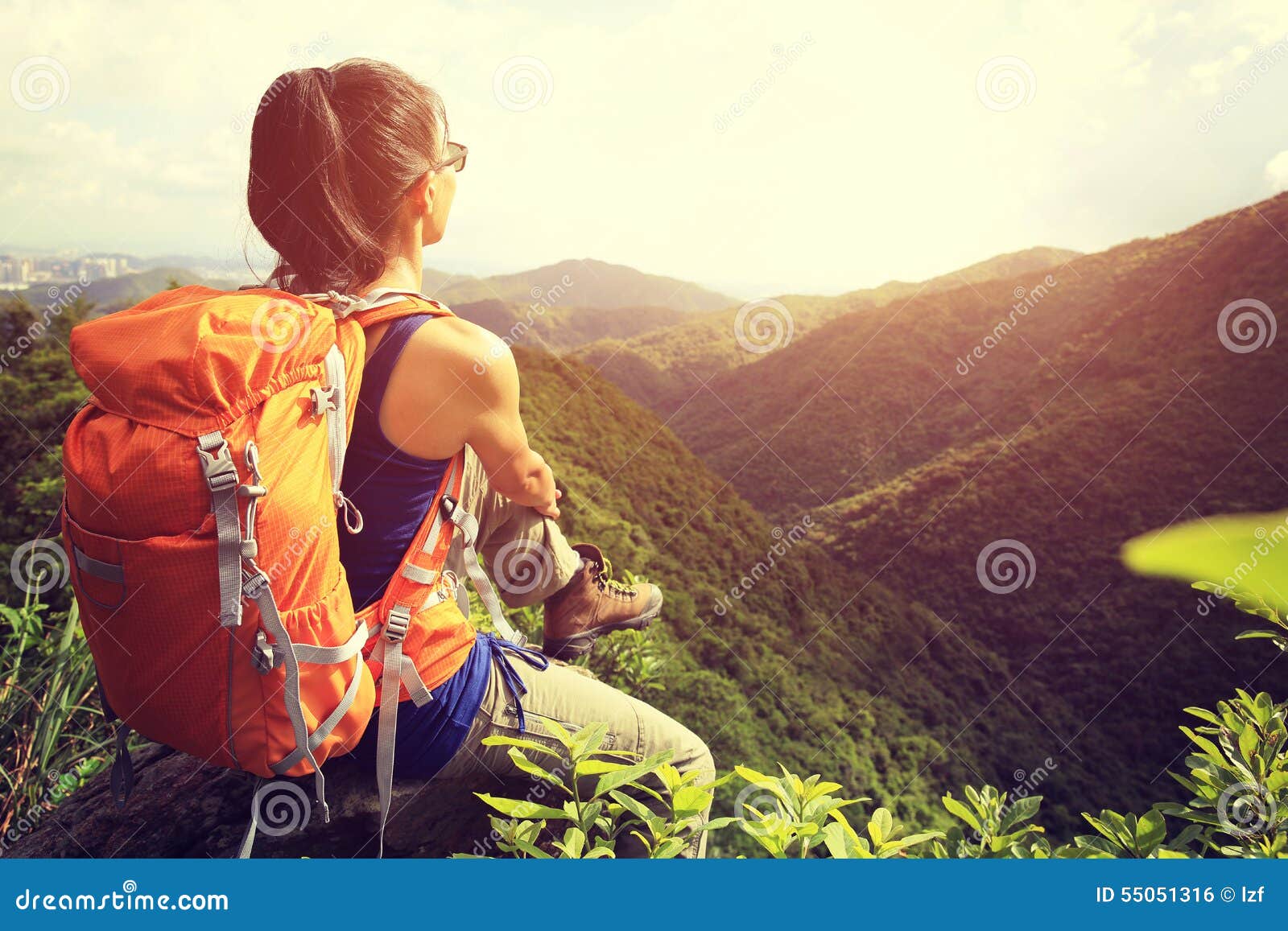 Woman Backpacker Enjoy the View at Mountain Peak Stock Photo - Image of ...