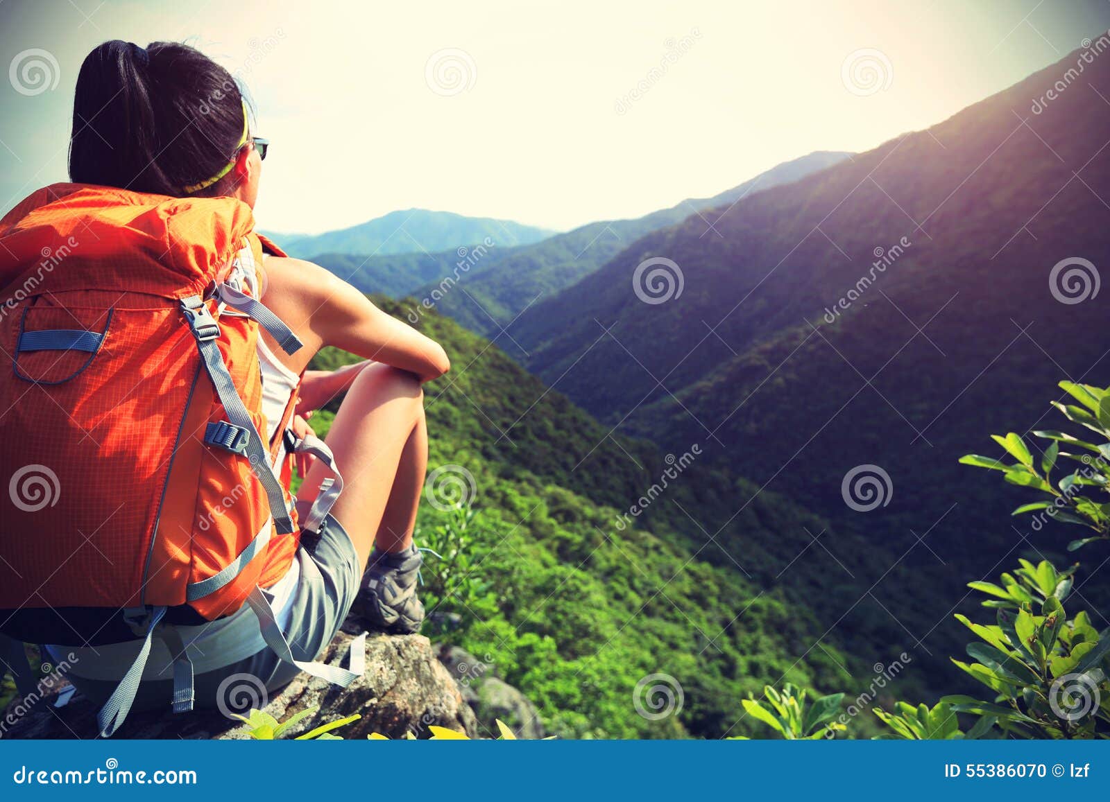 Woman Backpacker Enjoy the View at Mountain Peak Stock Photo - Image of ...