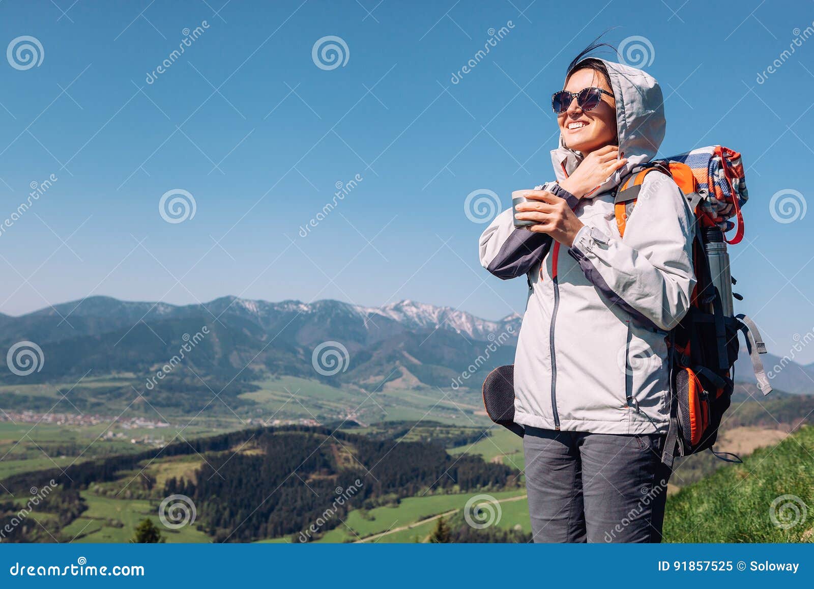 Woman Backpacker Traveler on the Top of Mountain Stock Image - Image of ...