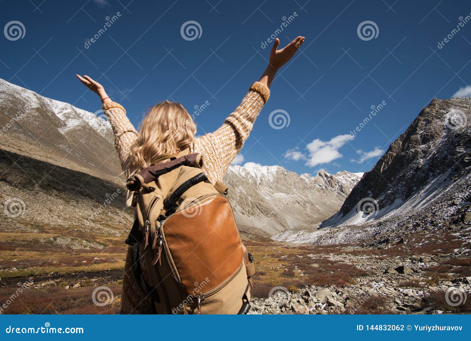 Woman Backpacker Trekking in Wild Mountains Stock Photo - Image of ...