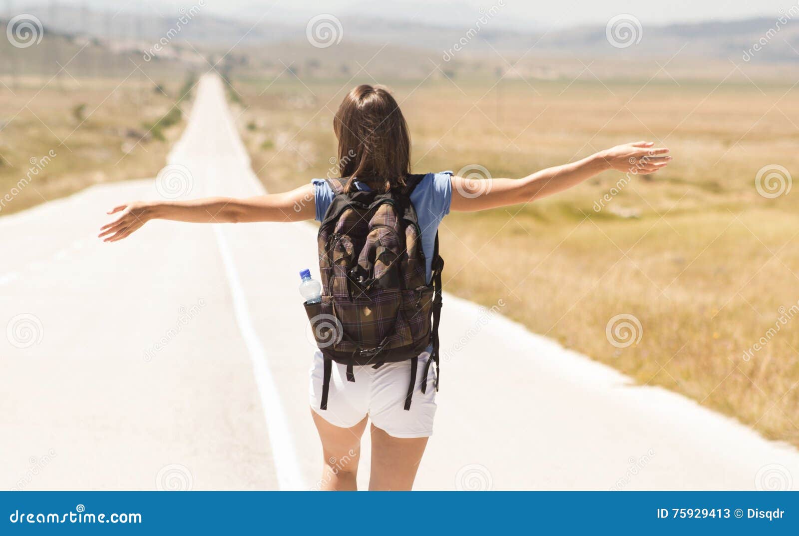 Woman Backpacker Walking on Road and Arms Open Stock Image - Image of ...