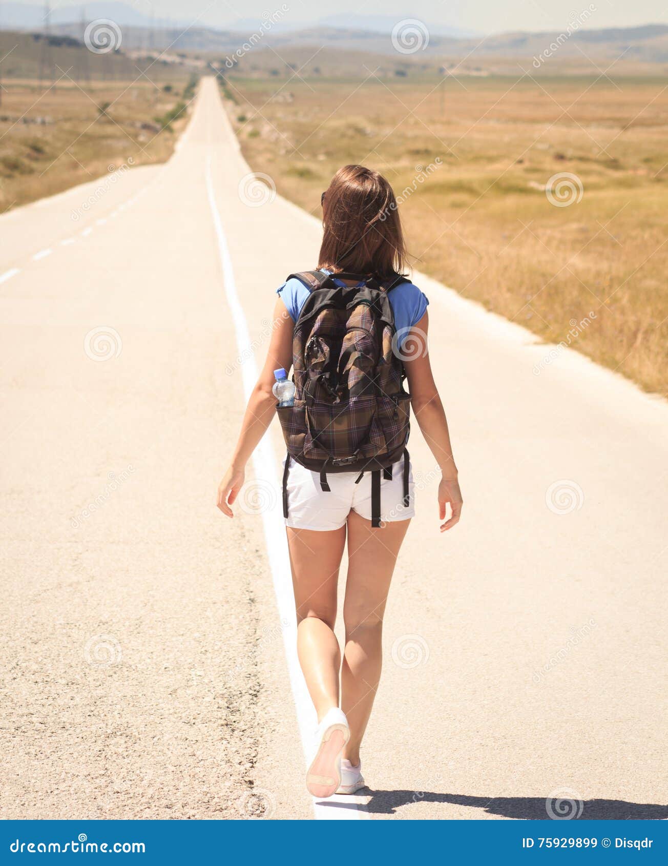 Woman Backpacker Walking on Road Stock Image - Image of attractive ...