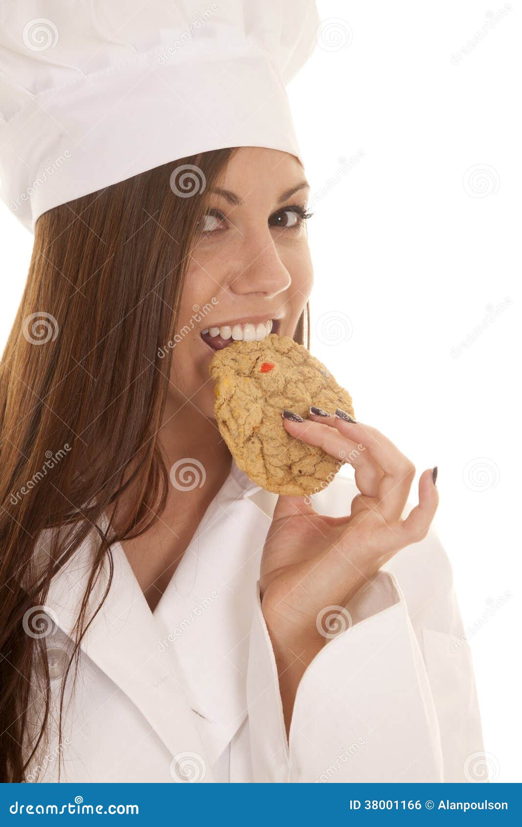 Woman Baker Bite a Cookie Looking Stock Photo - Image of caucasian ...