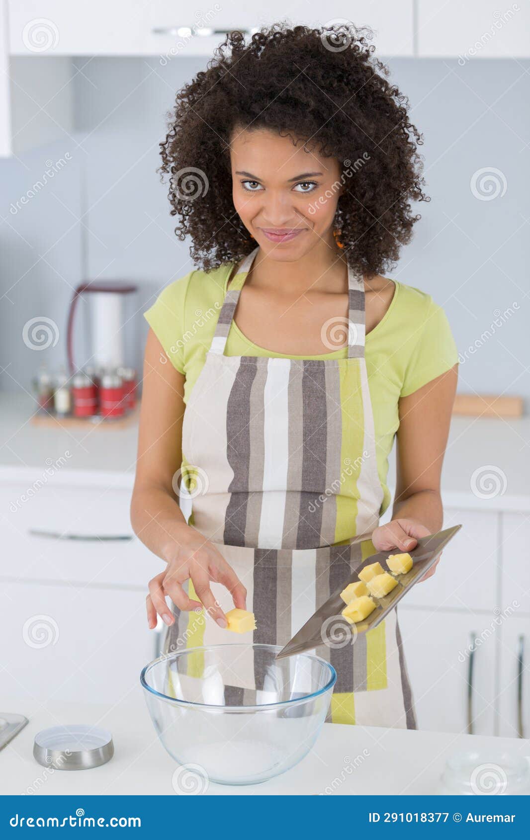 Woman Baking at Home Adding Cubes Butter To Bowl Stock Image - Image of ...