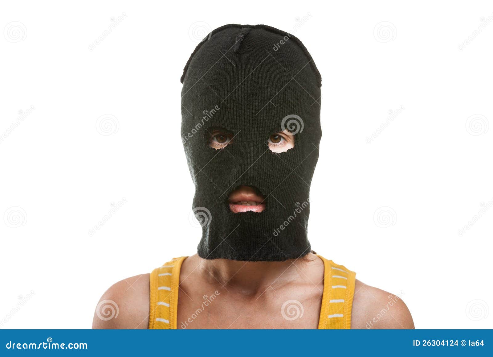 A Woman In A Balaclava Mask Is Standing With Flowers. Bandit Sniffs A ...