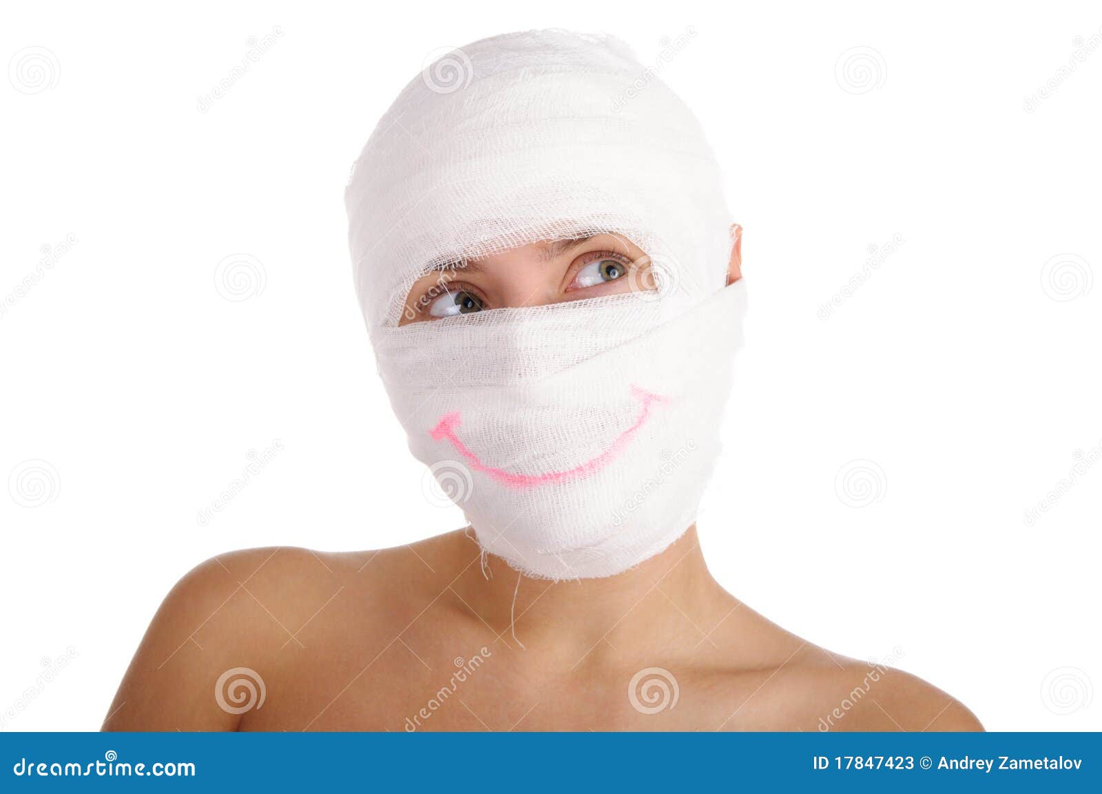 Woman With Bandaged Head With Drawn Smile Stock Photos - Image: 17847423