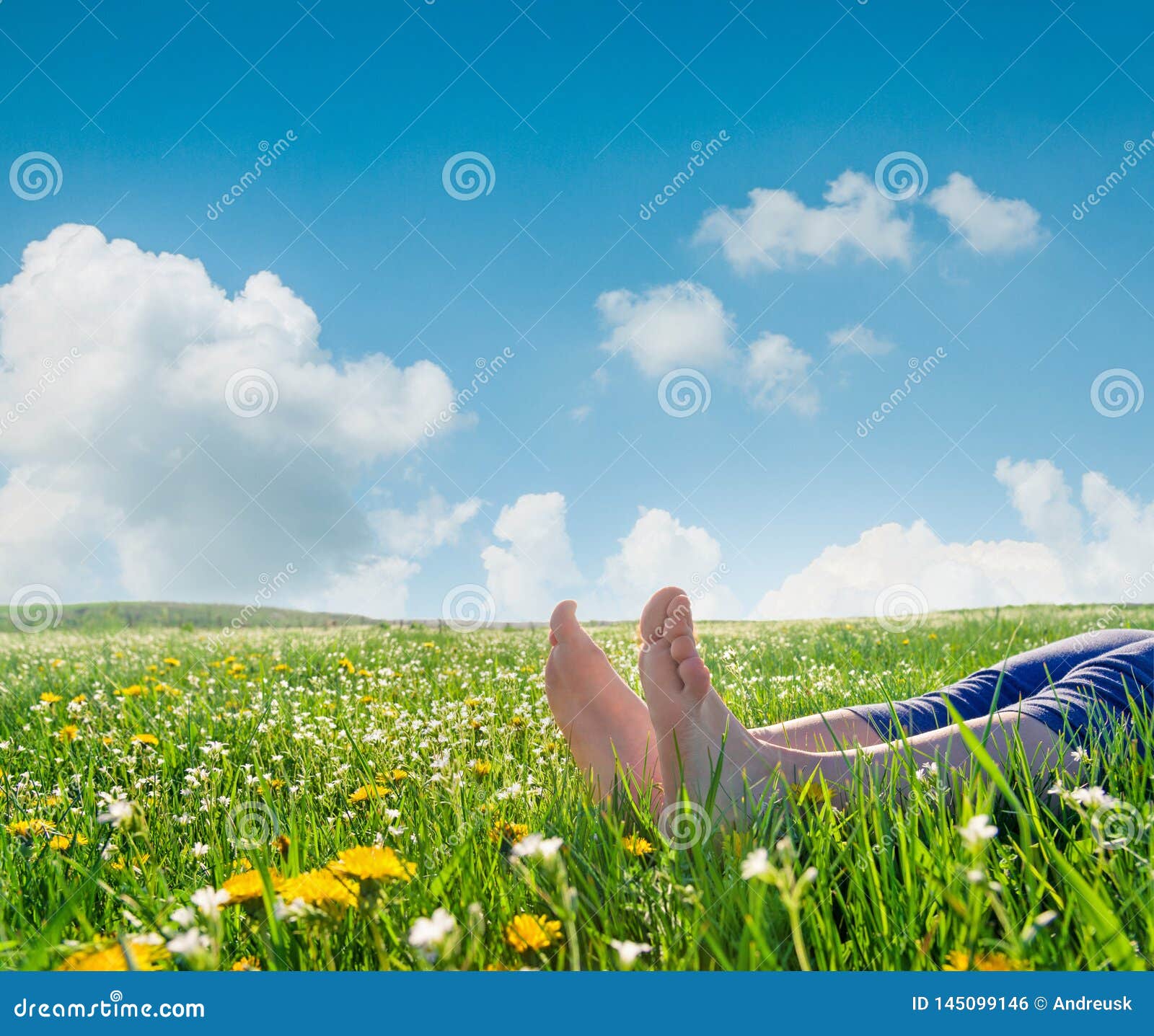 Bare Feet on Spring Grass and Flowers Stock Photo - Image of care, lawn ...