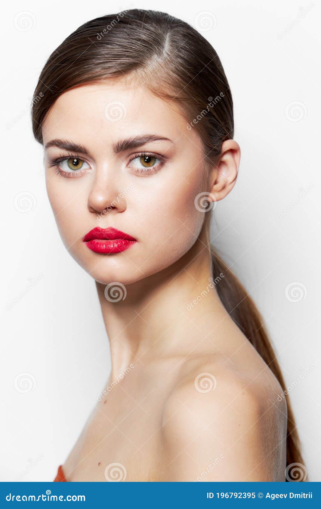 Woman with Bare Shoulders Look Forward Red Lips Model Stock Image ...