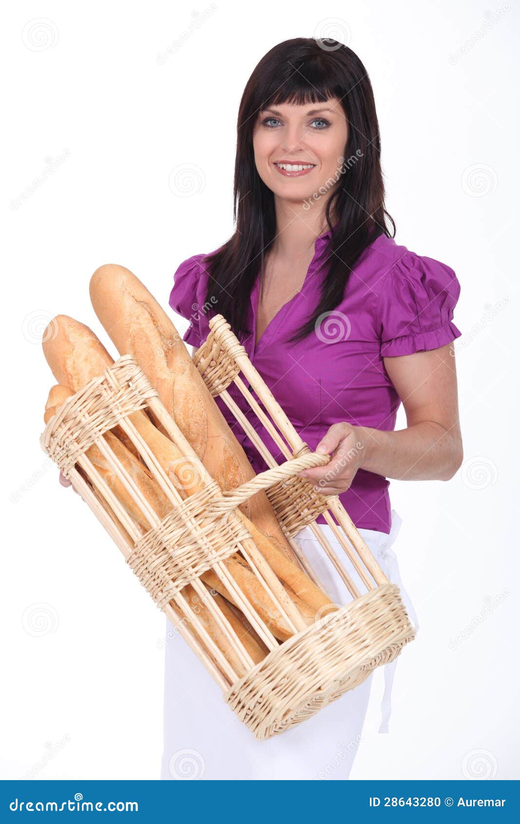 Woman with basket of bread stock photo. Image of portrait - 28643280