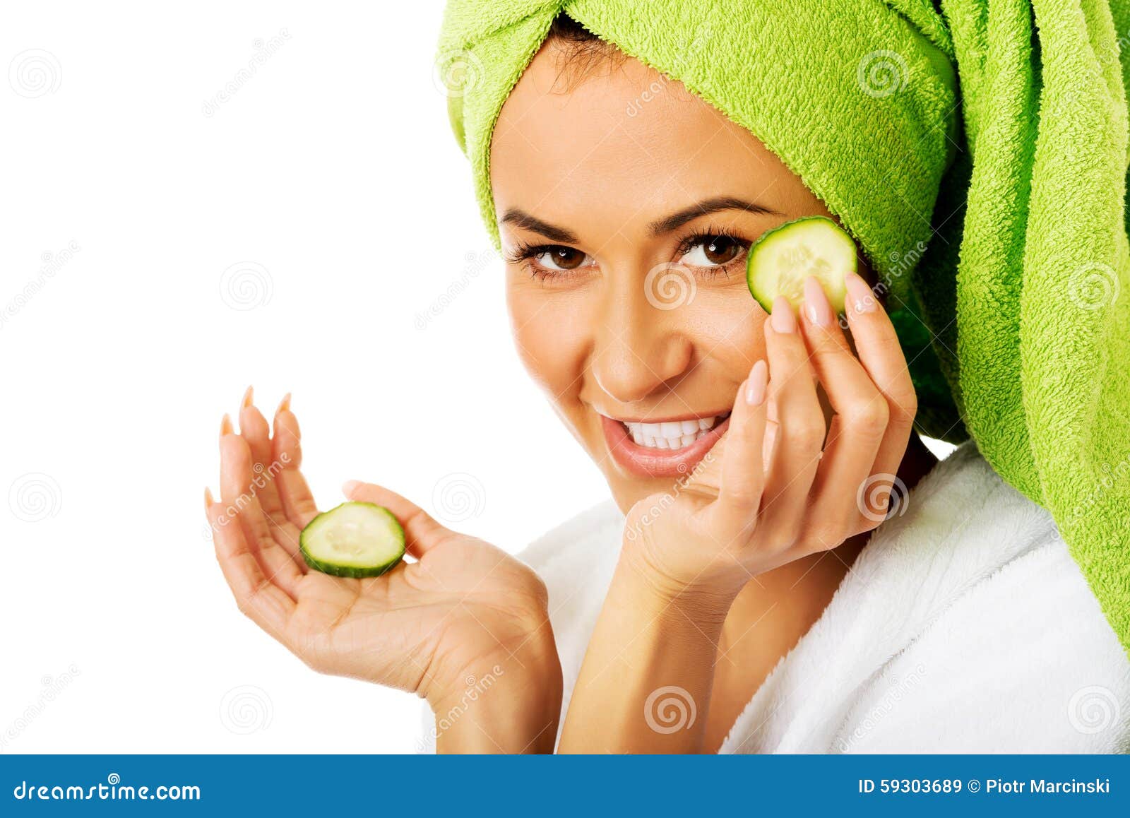 Woman in Bathrobe Applying Cucumber on Eyes Stock Image - Image of robe ...