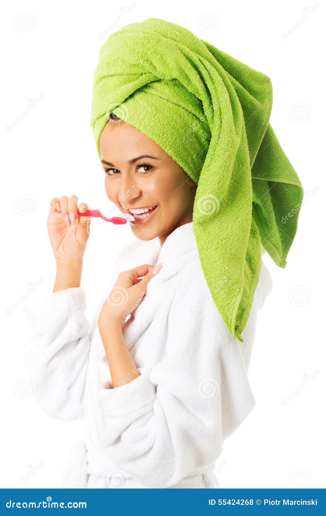 Woman in Bathrobe Brushing Teeth Stock Photo - Image of health, fresh ...