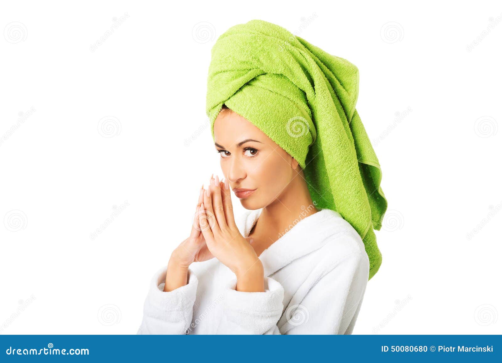 Woman in Bathrobe Clenching Hands Stock Photo - Image of isolated ...