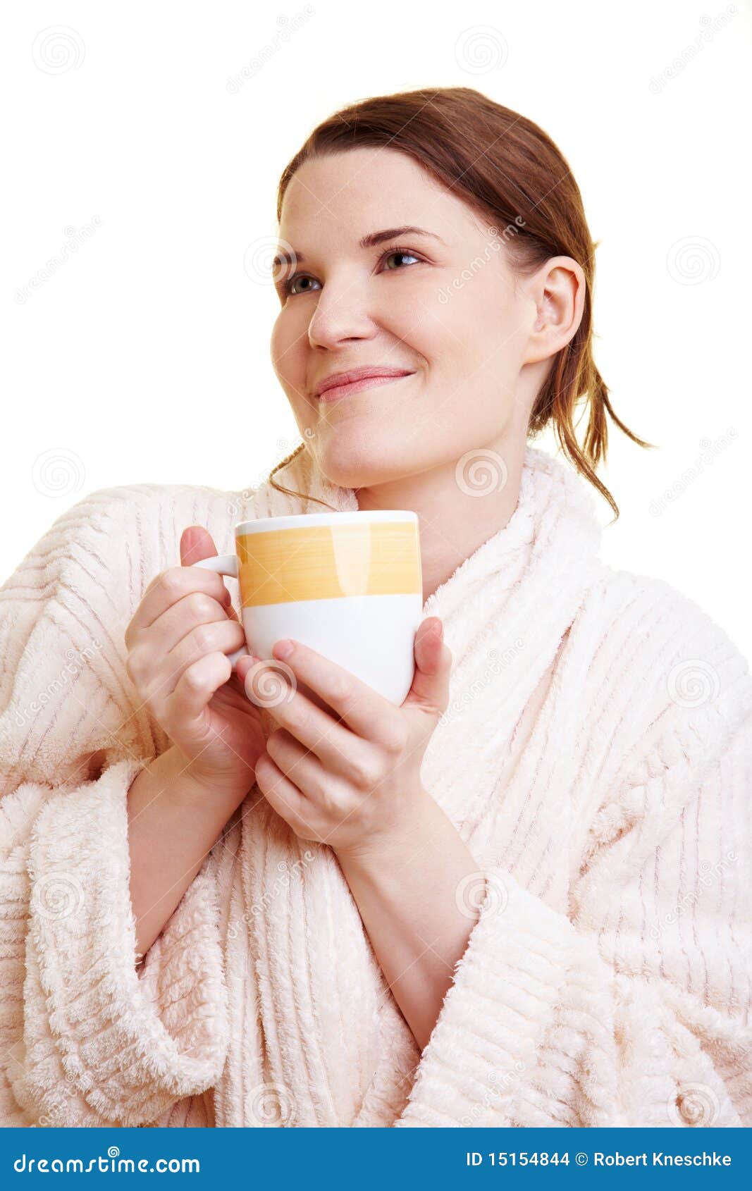 Woman in bathrobe with cup stock photo. Image of hand - 15154844