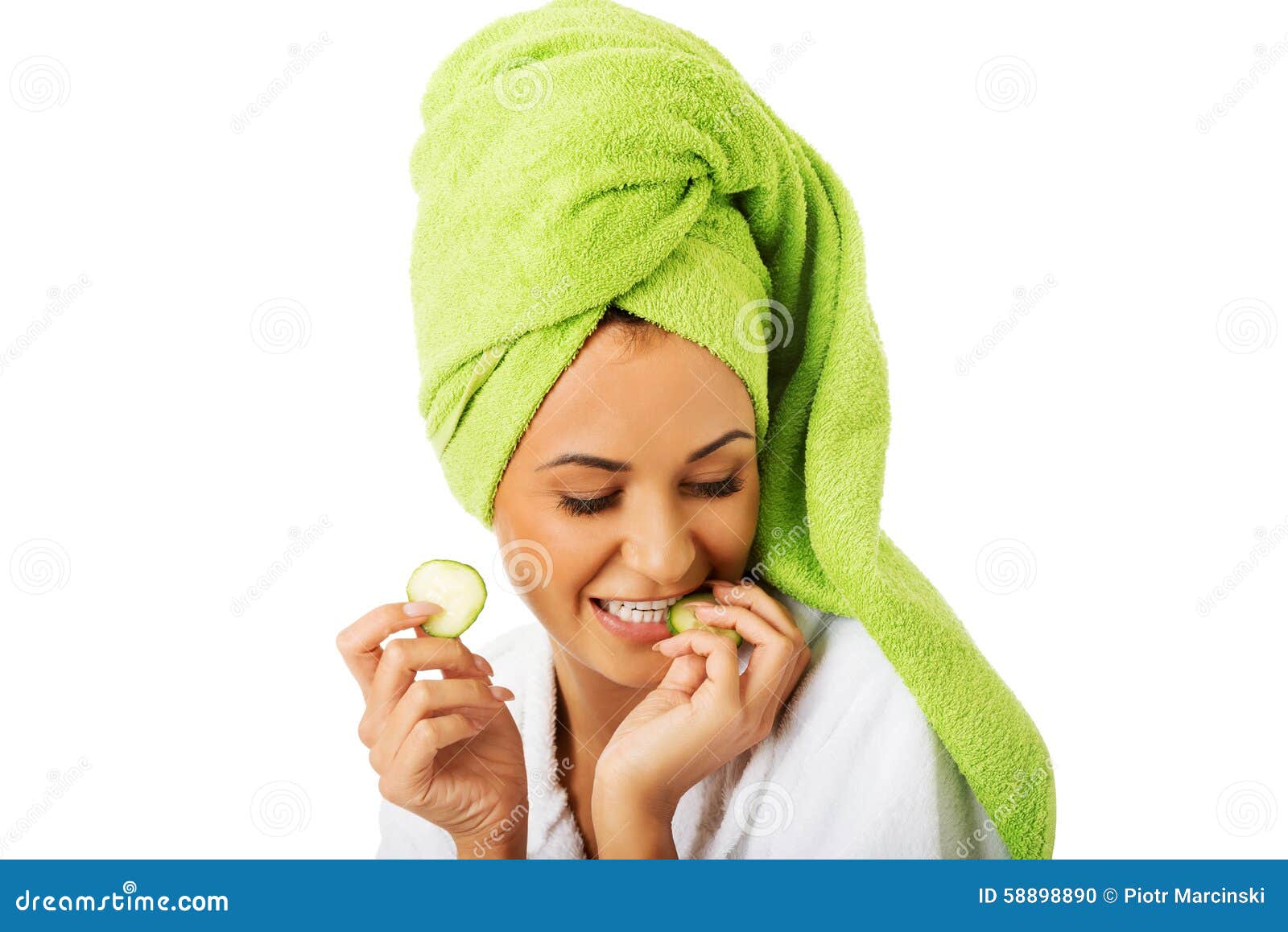 Woman in Bathrobe Eating Cucumber Stock Photo - Image of bodycare ...