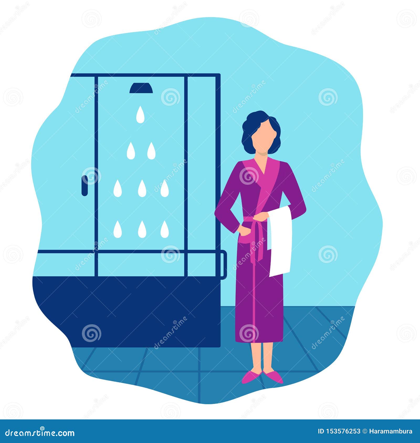 A Woman In A Bathrobe And Towel Is Preparing To Take A Shower Stock