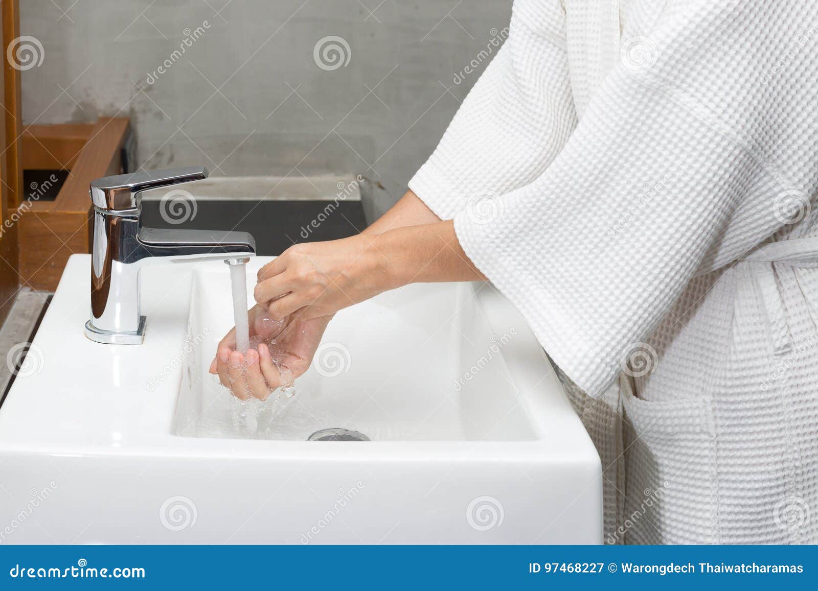 Woman in a Bathrobe is Washing Hands. Stock Image - Image of flow ...