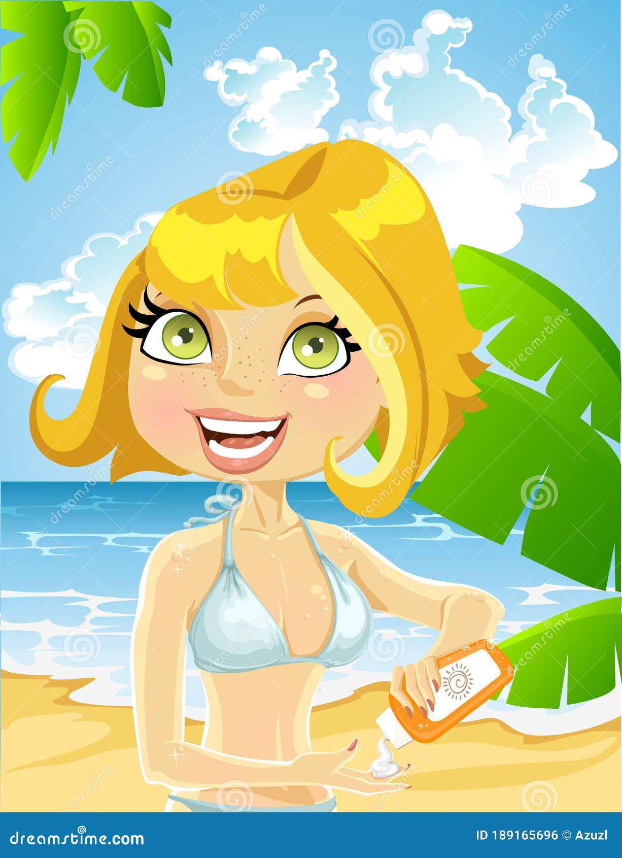 Woman On The Beach With A Cream For Sunburn Stock Vector Illustration