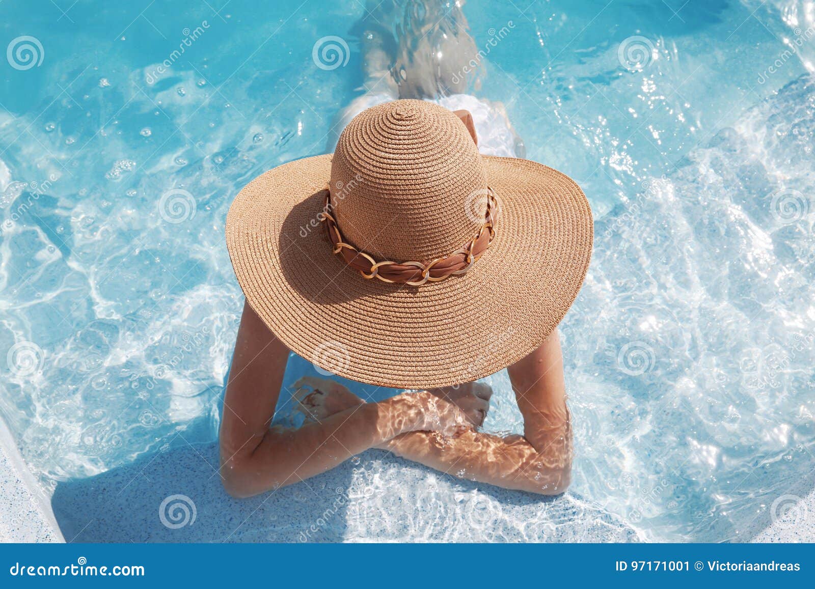 Woman In Beach Hat Enjoying In Swimming Pool On Luxury Tropical Stock