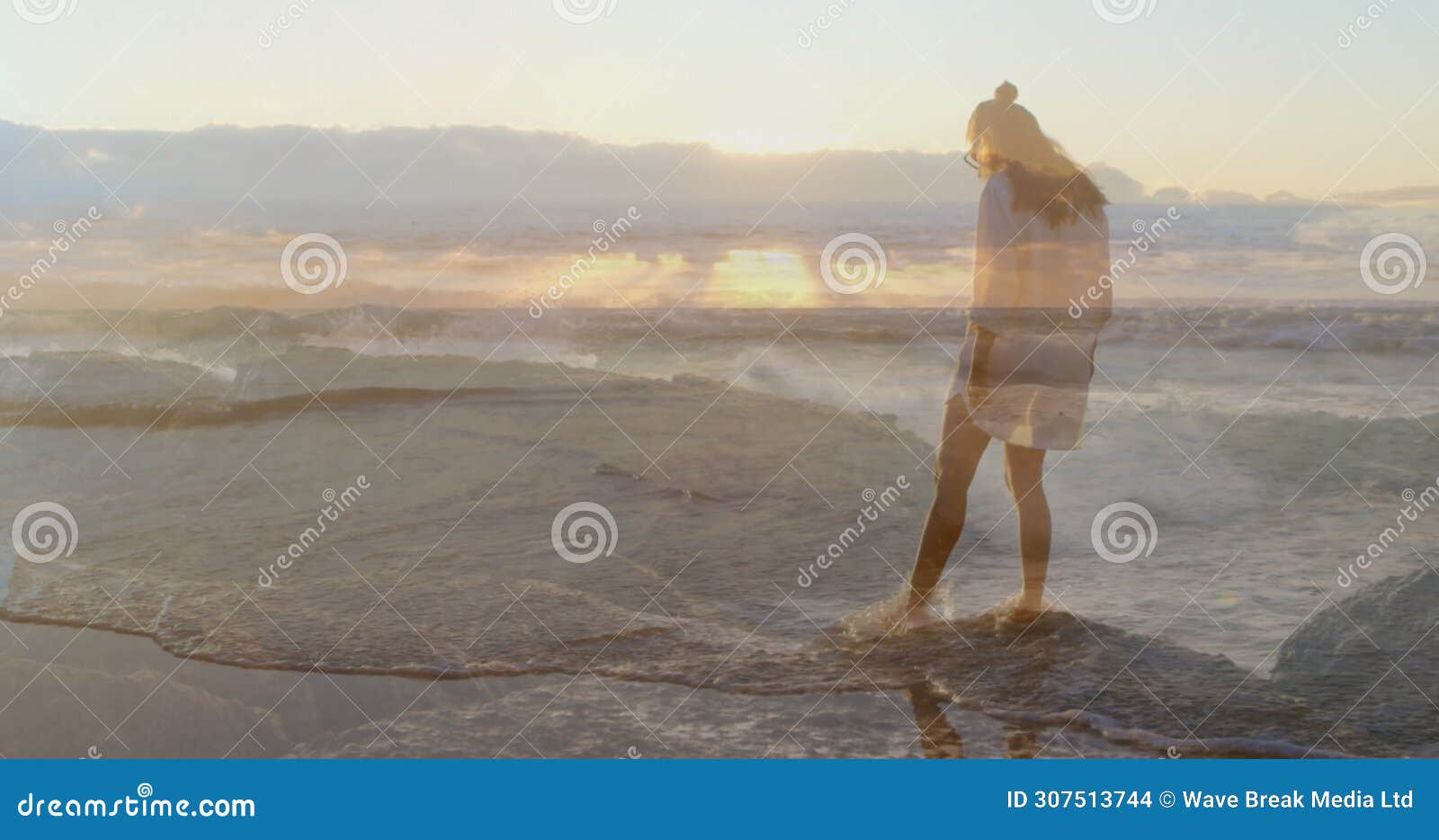 Woman on Beach at Sunset, Feet in Water Stock Photo - Image of water ...