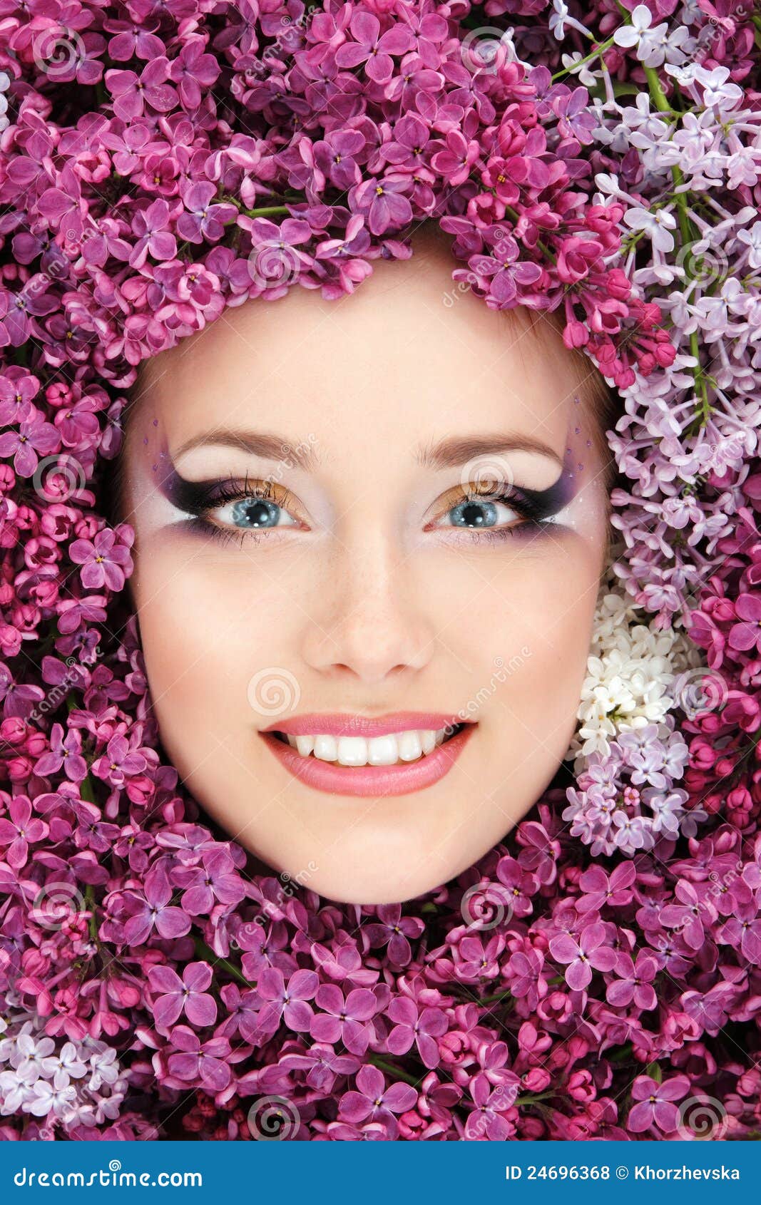 Woman Beautiful Face with Flower Lilac Stock Photo - Image of makeup ...