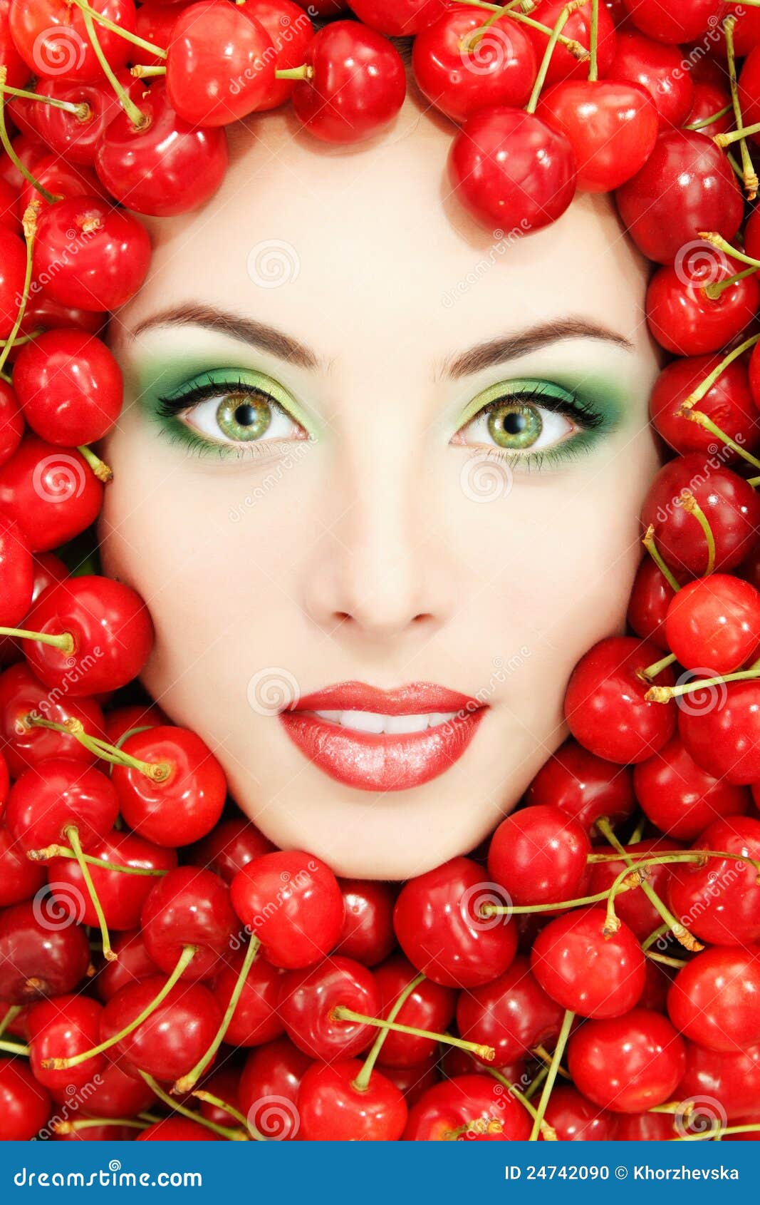 Woman Beautiful Face with Red Ripe Fresh Cherry Stock Photo - Image of ...