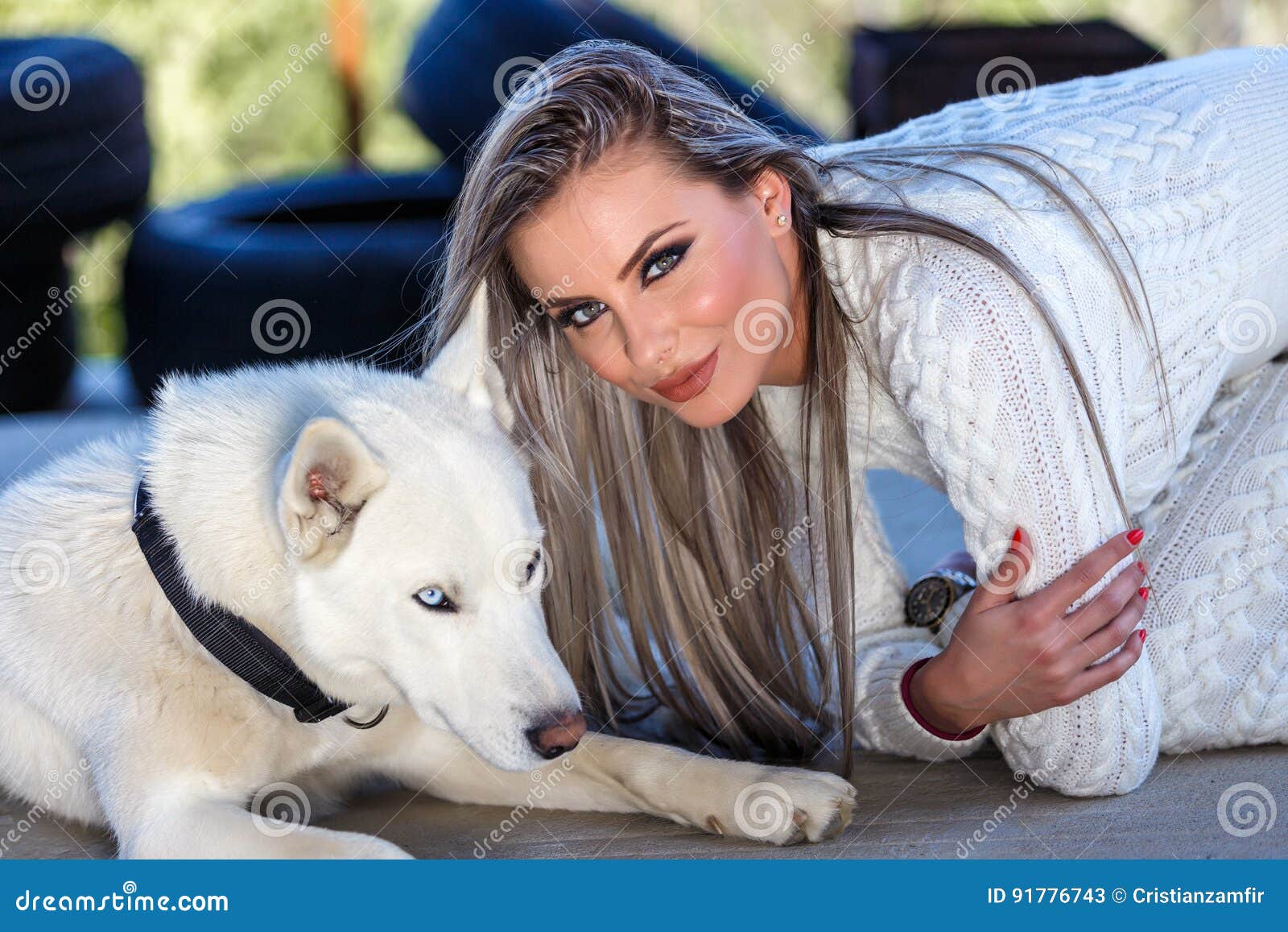 Woman with a Beautiful Husky Dog Stock Image - Image of dress, glamor ...