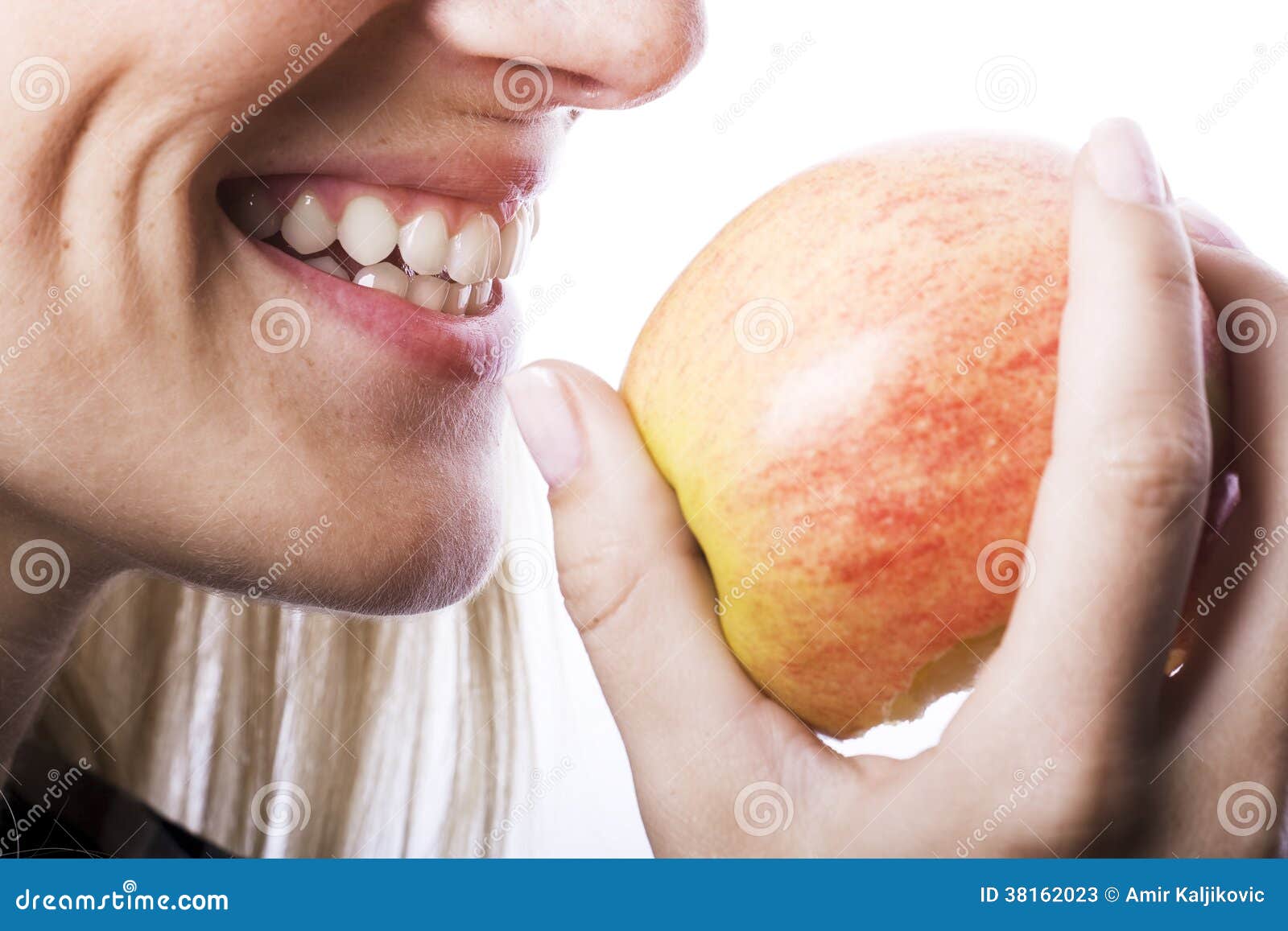 Woman with a Beautiful Smile Eating an Apple Stock Image - Image of ...