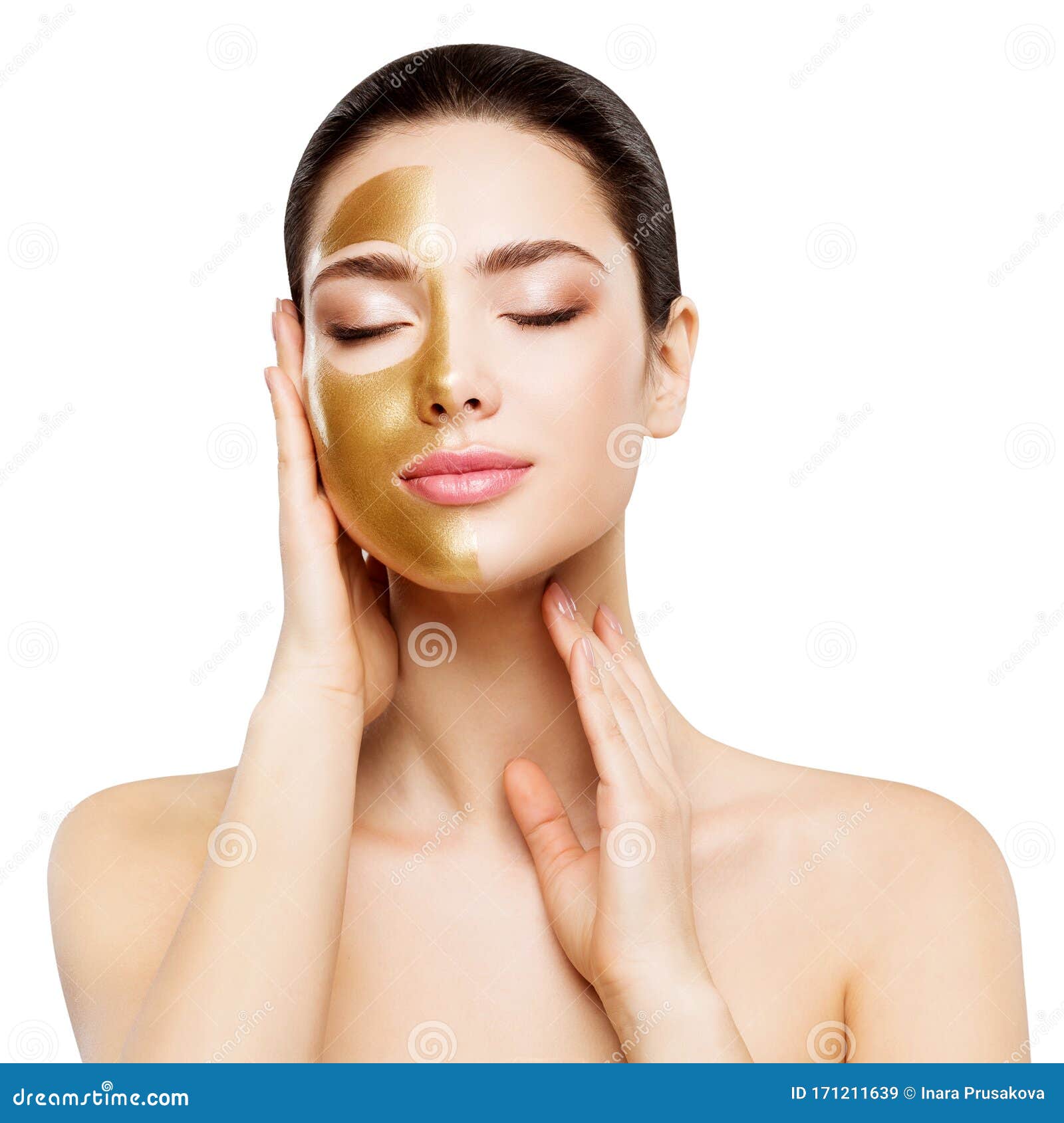 Woman Beauty Gold Mask Beautiful Girl Applying Golden Skin Cosmetic
