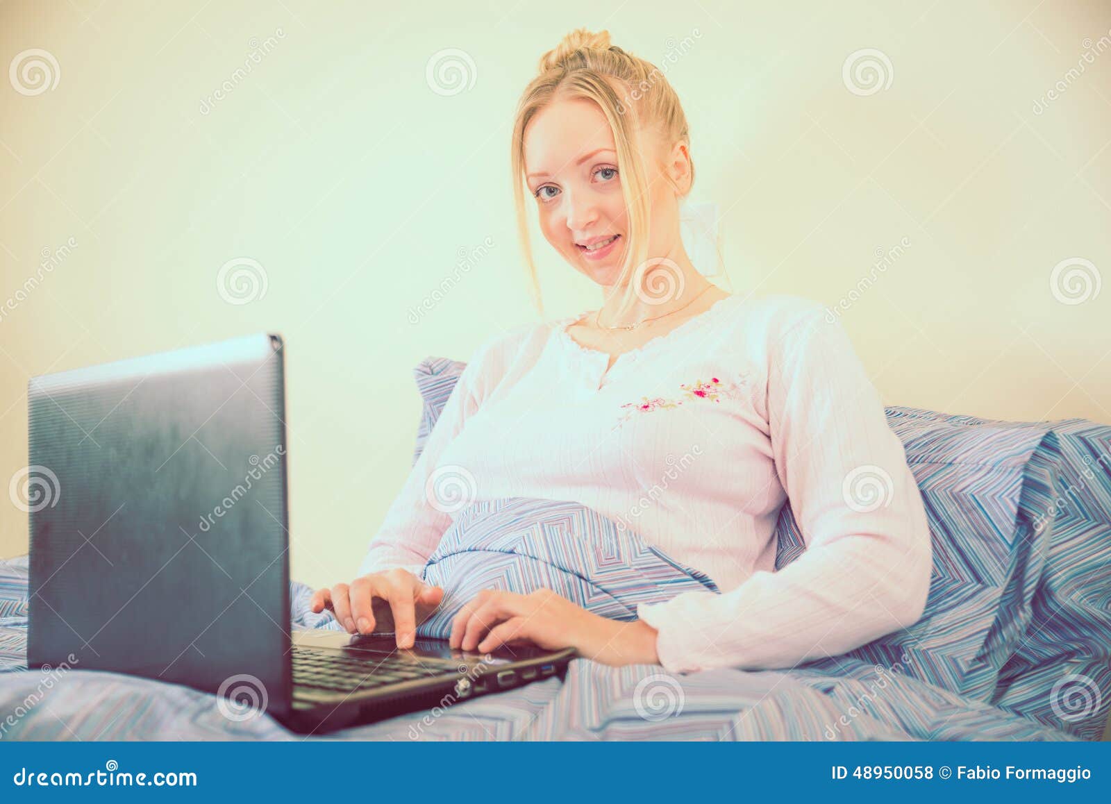 Woman in Bed with Computer Laptop Stock Photo - Image of portrait ...