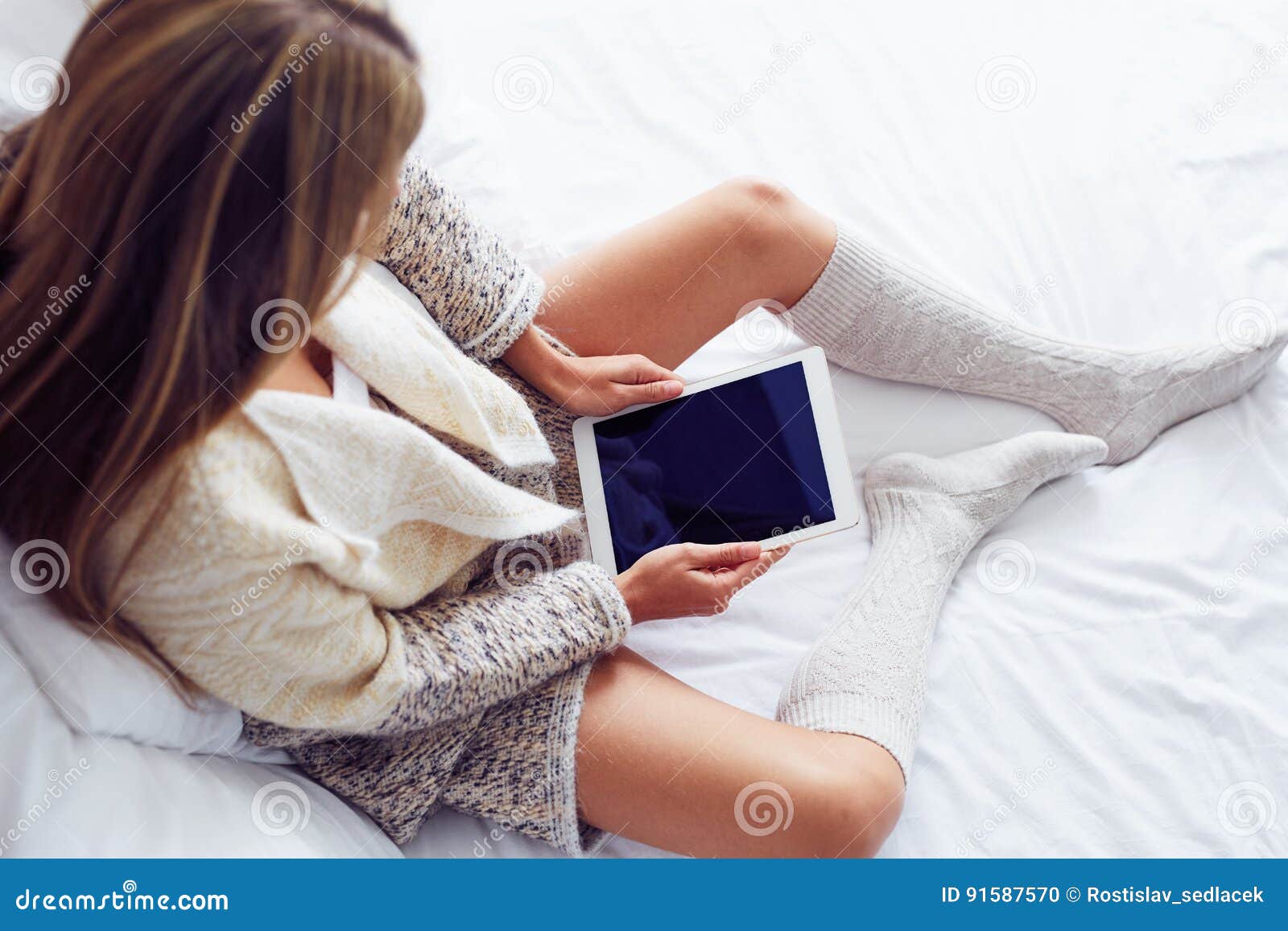 Woman on the Bed with Tablet Computer Stock Photo - Image of beautiful ...