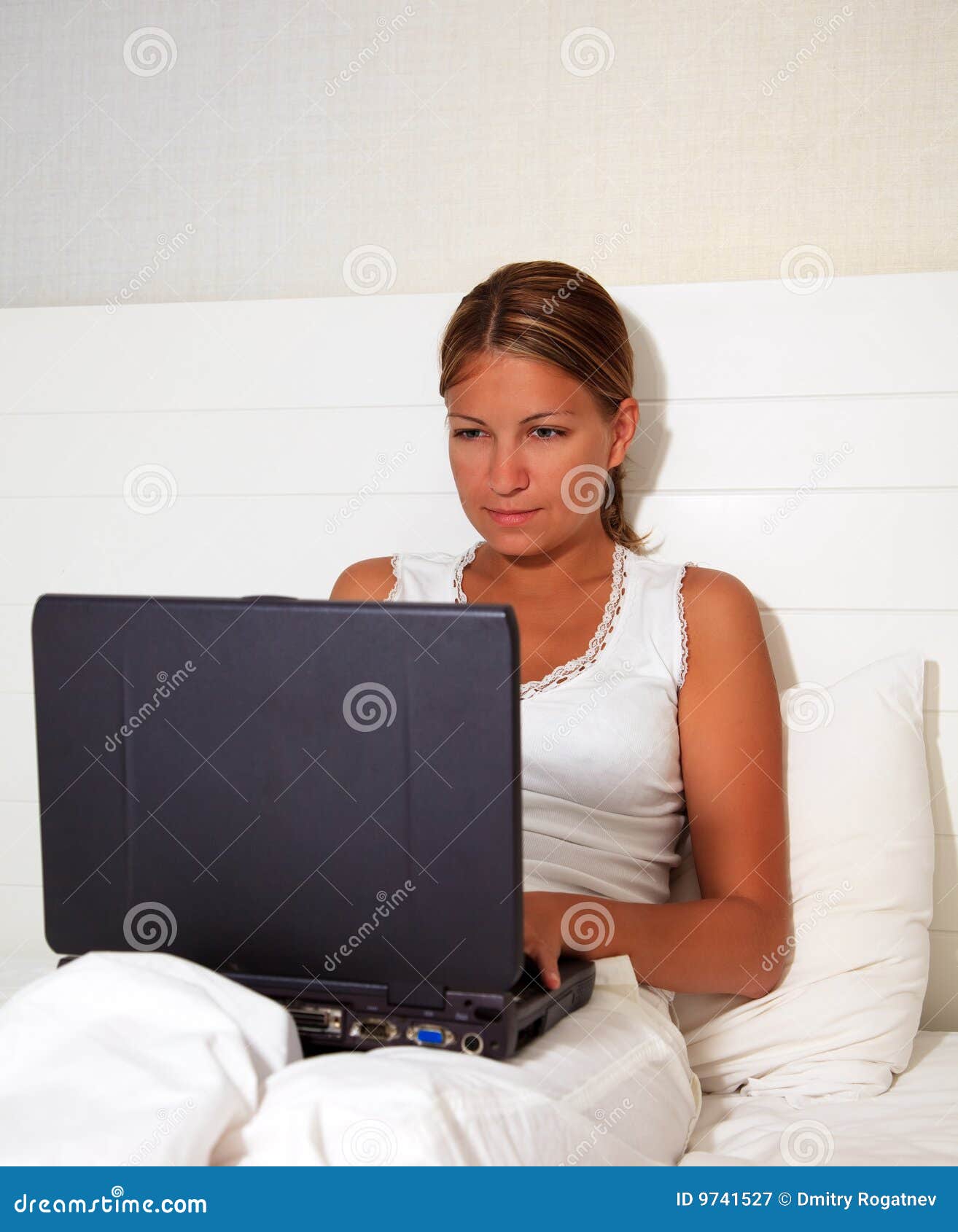 Woman in Bed Working on Laptop Stock Image - Image of female ...