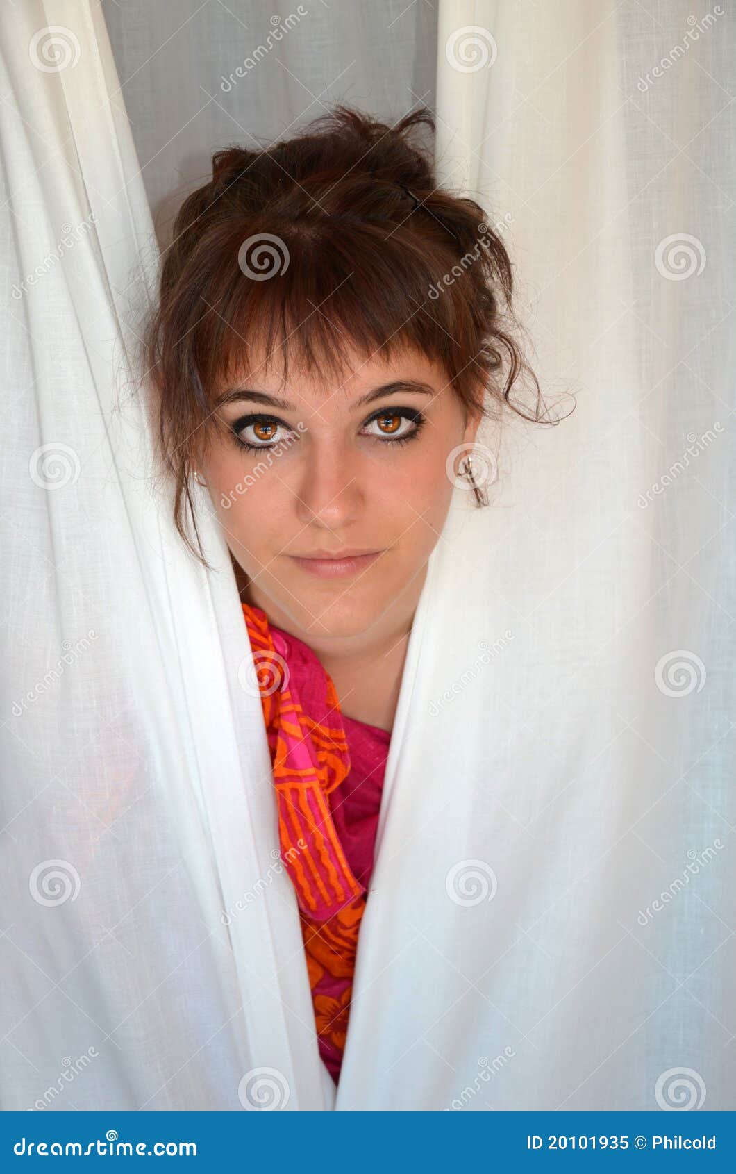 Woman behind curtains stock image. Image of smile, beautiful - 20101935